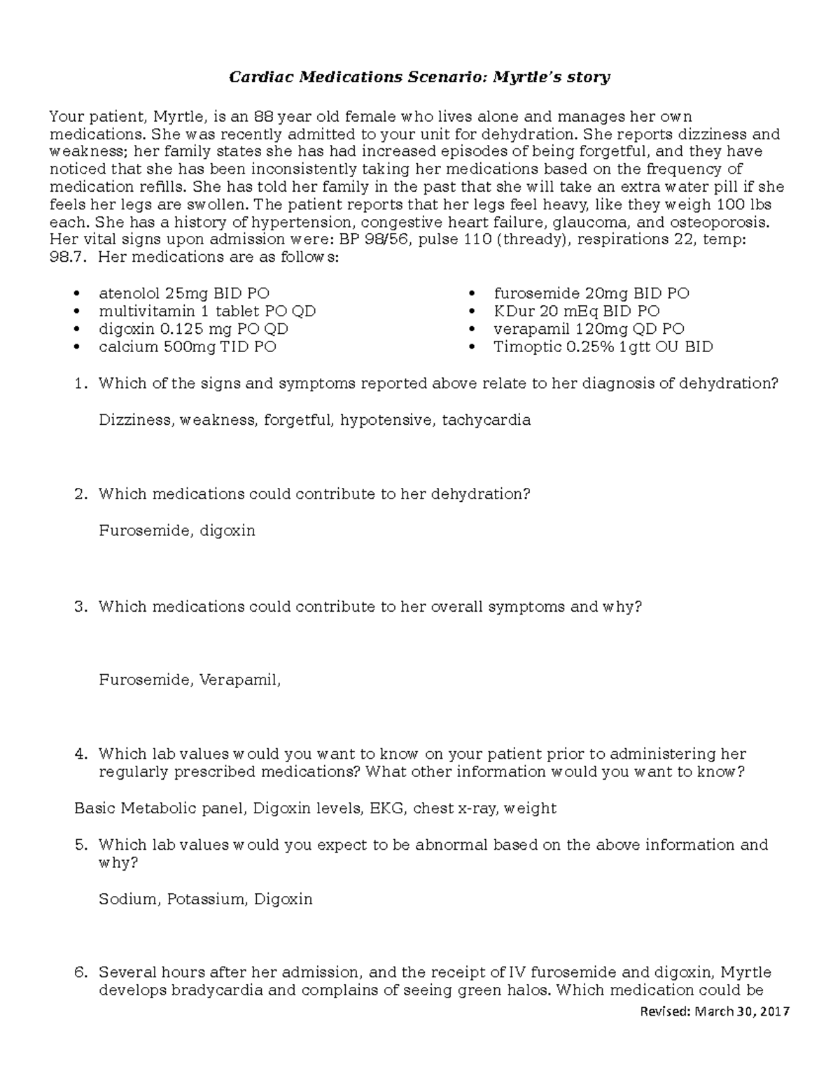 Case Study Cardiac Meds (Myrtle) module 5, updated 10 - Cardiac ...