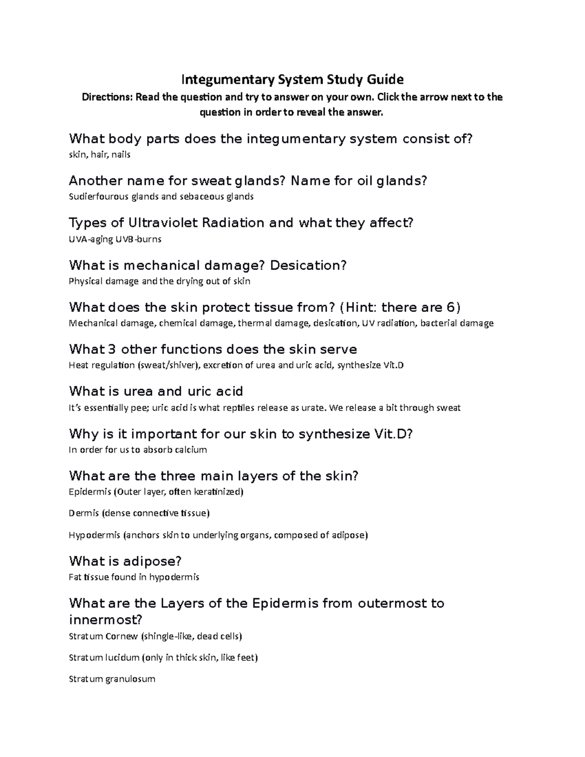 Integumentary System Study Guide - Integumentary System Study Guide ...