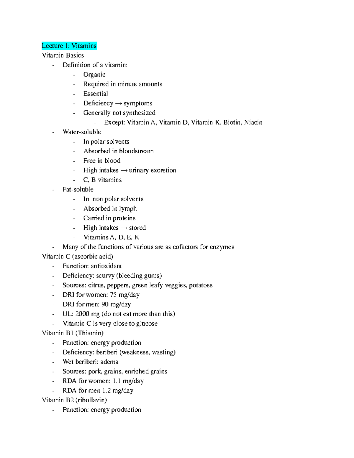 Nutrition test 4 notes - n/a - Lecture 1: Vitamins Vitamin Basics ...