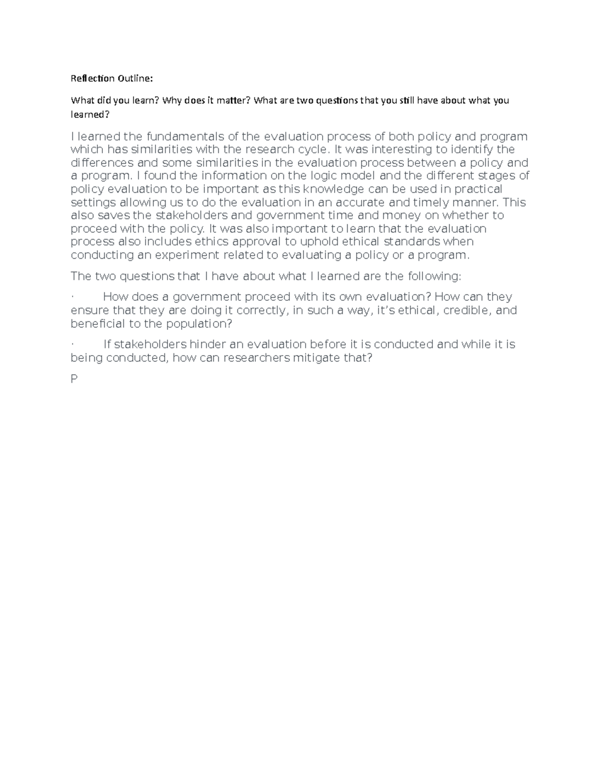 Reflection Outline - essay - Reflection Outline: What did you learn ...