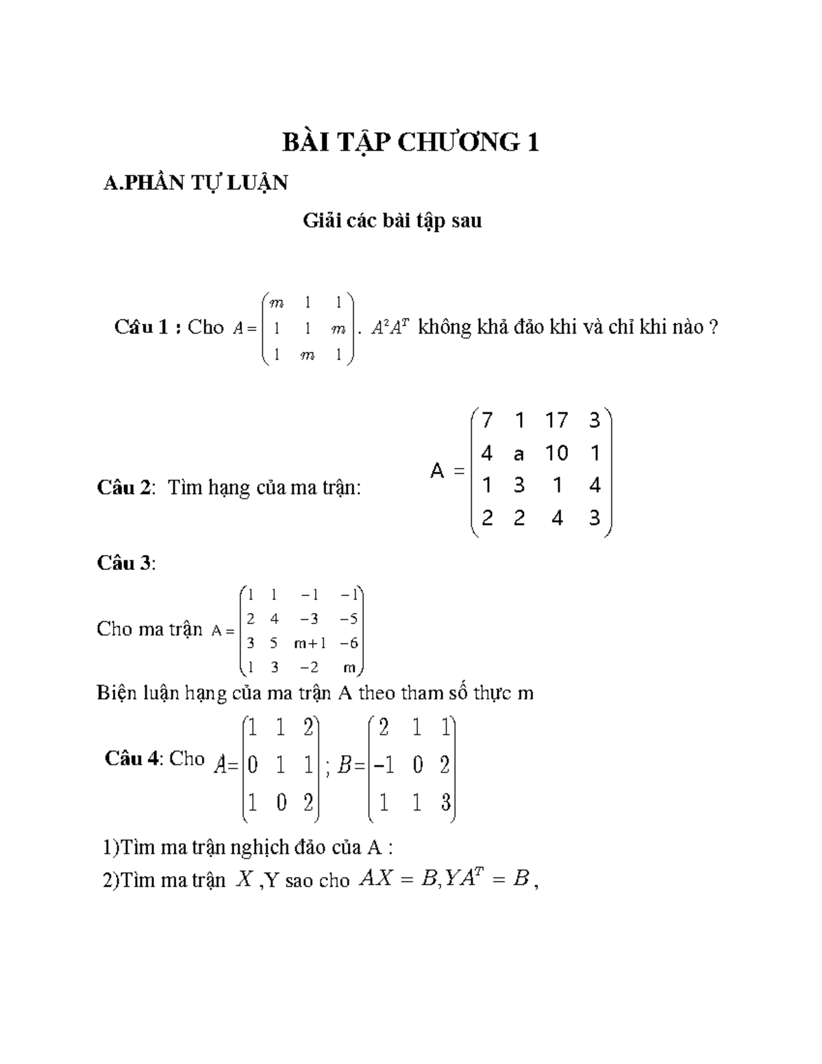 BÀI TẬP C1 - toán cao cấp - BÀI TẬP CHƯƠNG 1 AẦN TỰ LUẬN Giải các bài ...