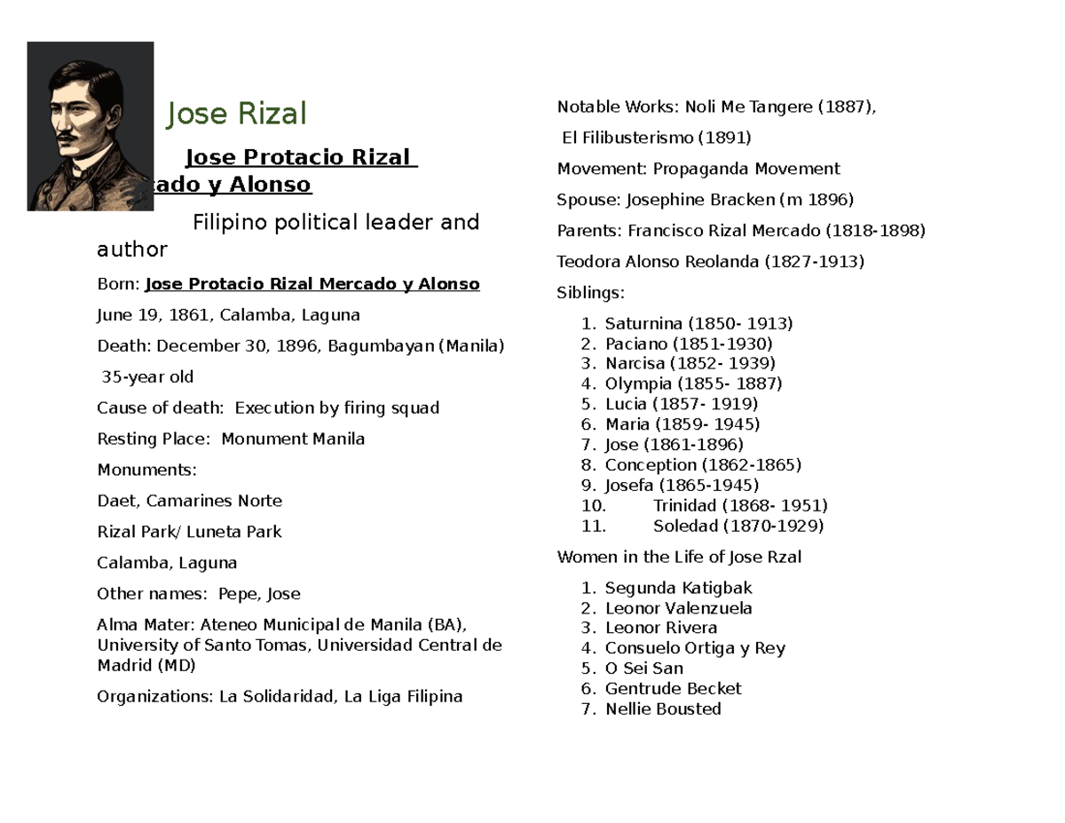 Jose Rizal - Jose Rizal Jose Protacio Rizal Mercado y Alonso Filipino ...