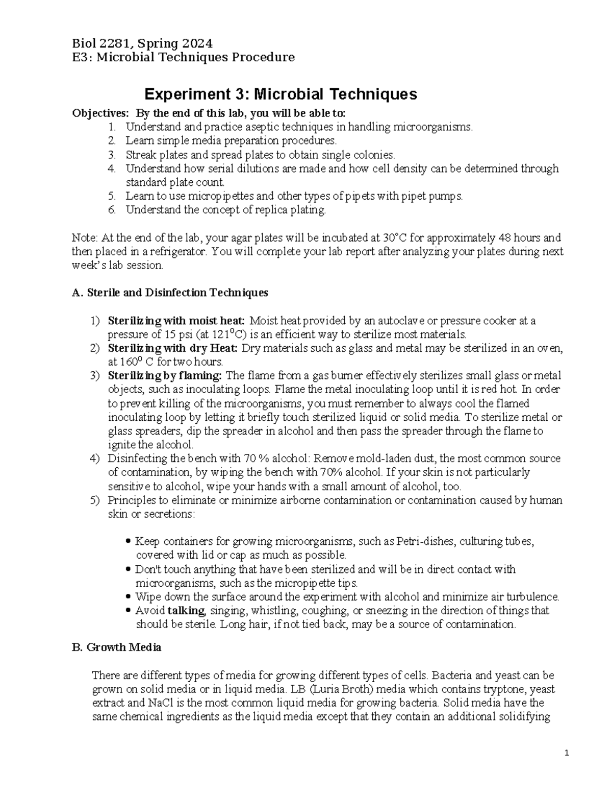 E3 Microbial Techniques Procedure and Lab S24 - E3: Microbial ...