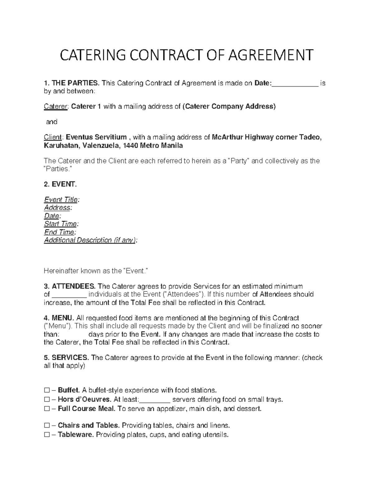 Catering Contract OF Agreemen 1 - CATERING CONTRACT OF AGREEMENT THE ...