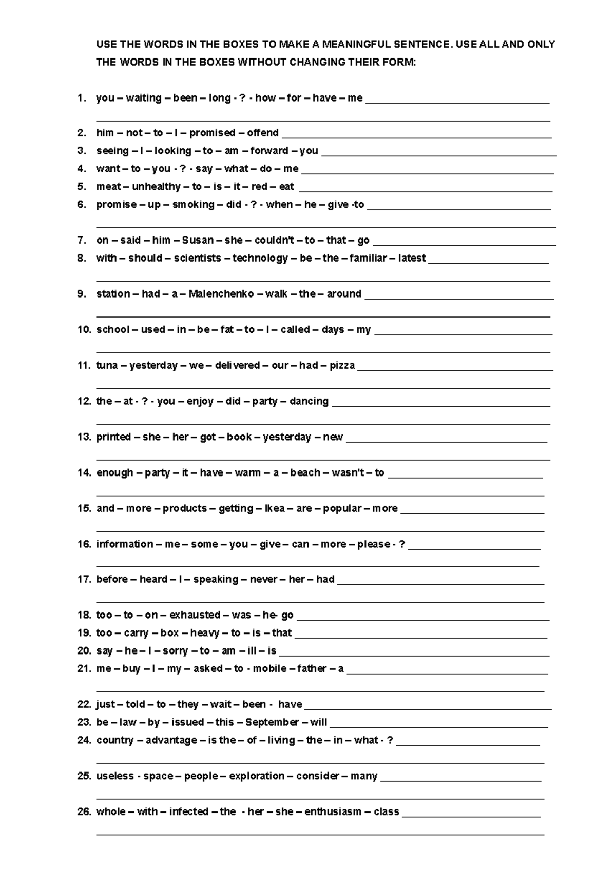Use The Words To Make A Sentence USE THE WORDS IN THE BOXES TO MAKE A