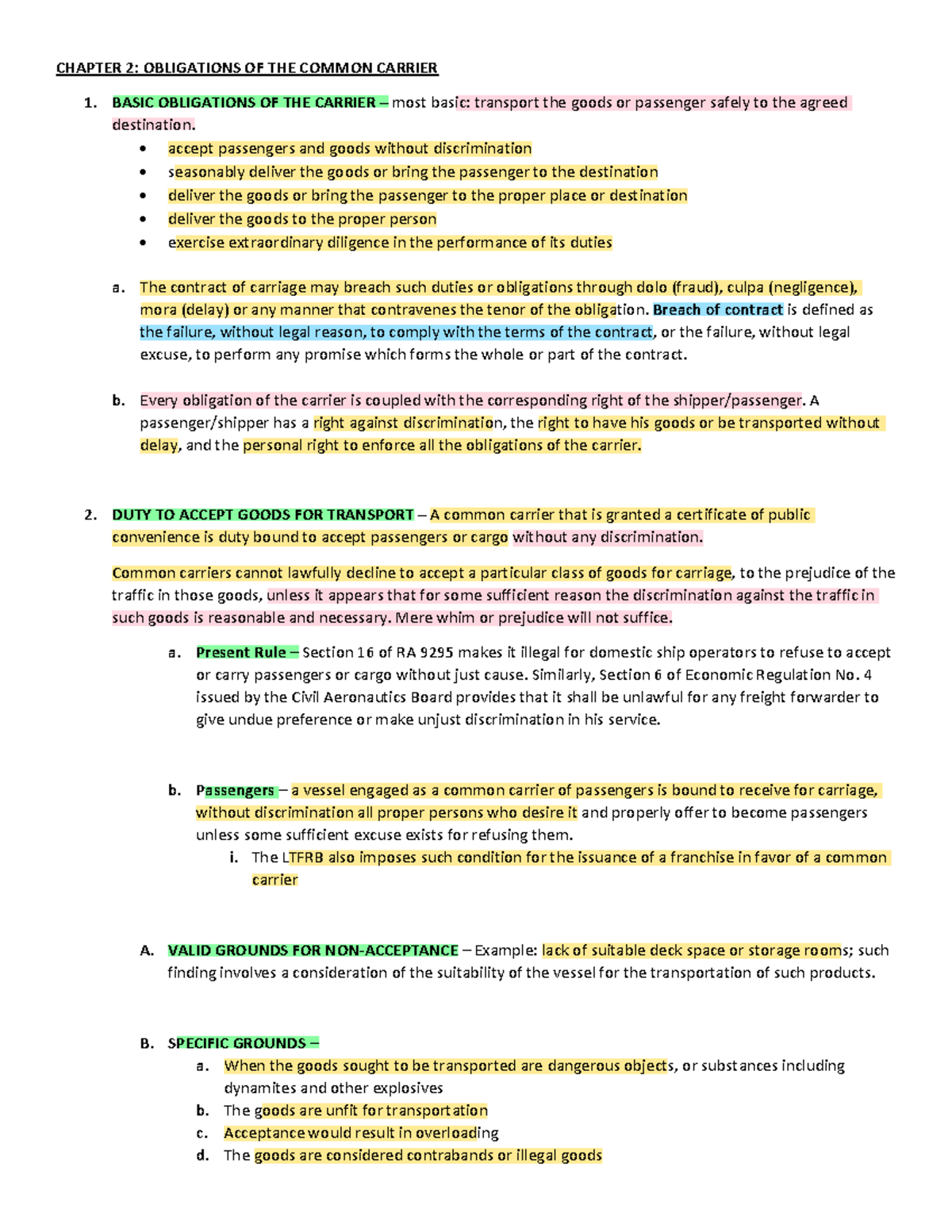 Chapter 2 - Summary - CHAPTER 2: OBLIGATIONS OF THE COMMON CARRIER BASIC OBLIGATIONS OF THE ...