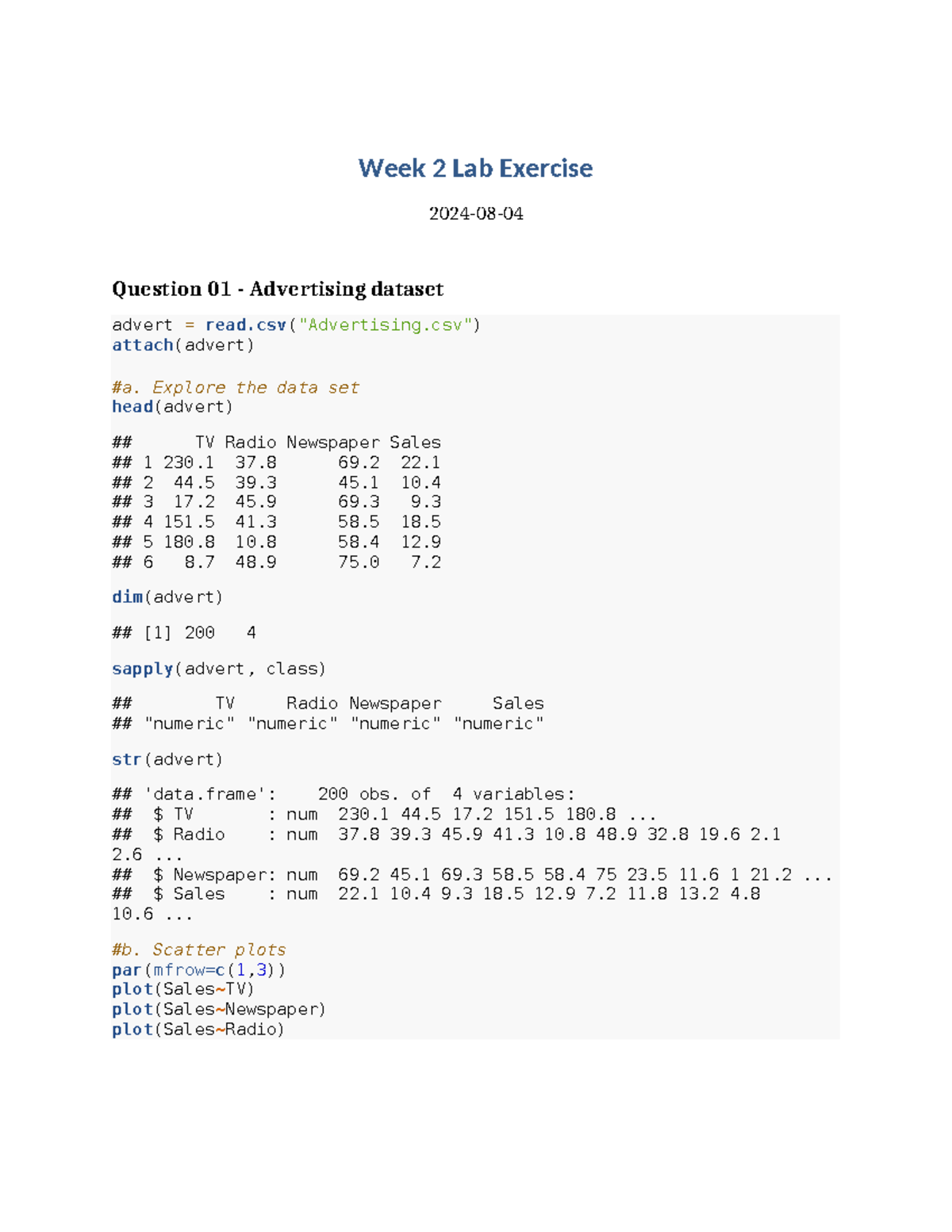 W2Lab - Lab Exercise - Week 2 Lab Exercise 2024-08- Question 01 - Advertising dataset advert ...