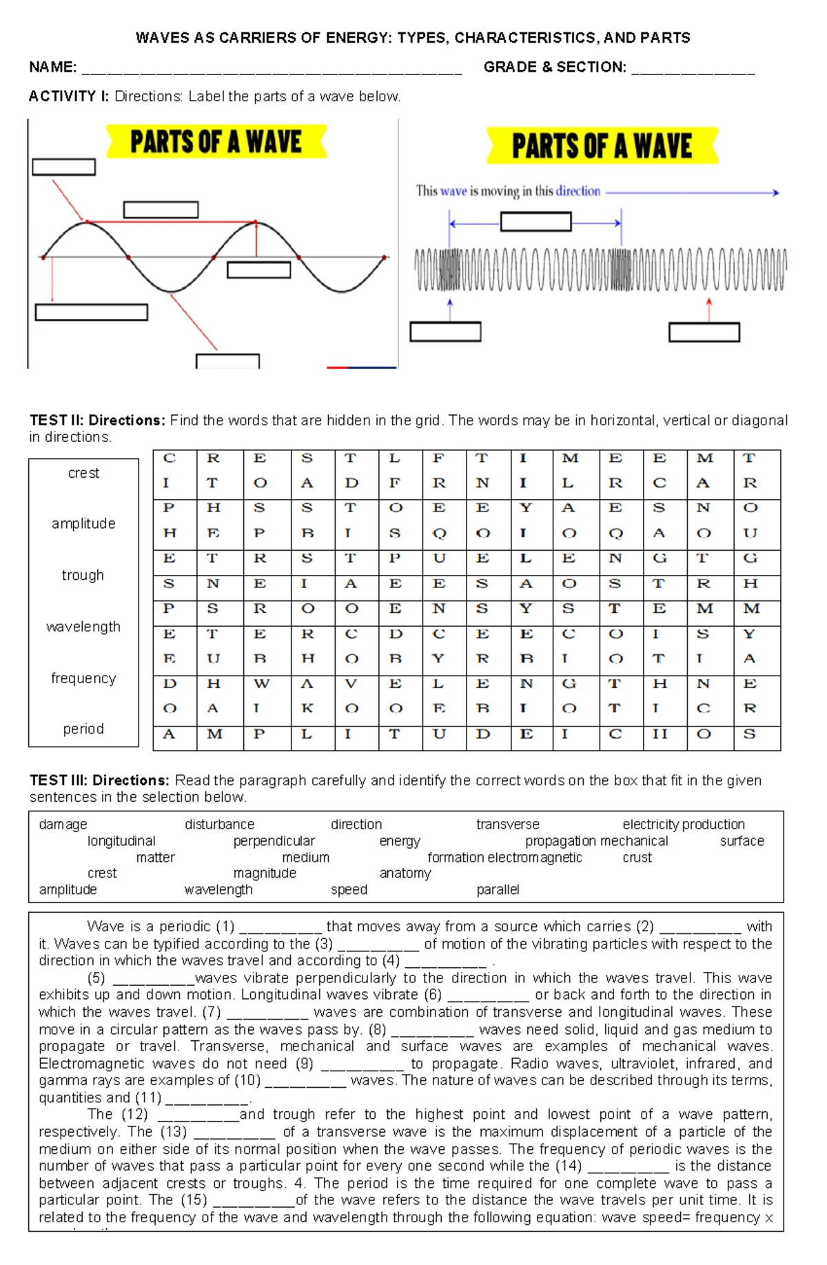 Activity IN Waves - Copy - WAVES AS CARRIERS OF ENERGY: TYPES ...