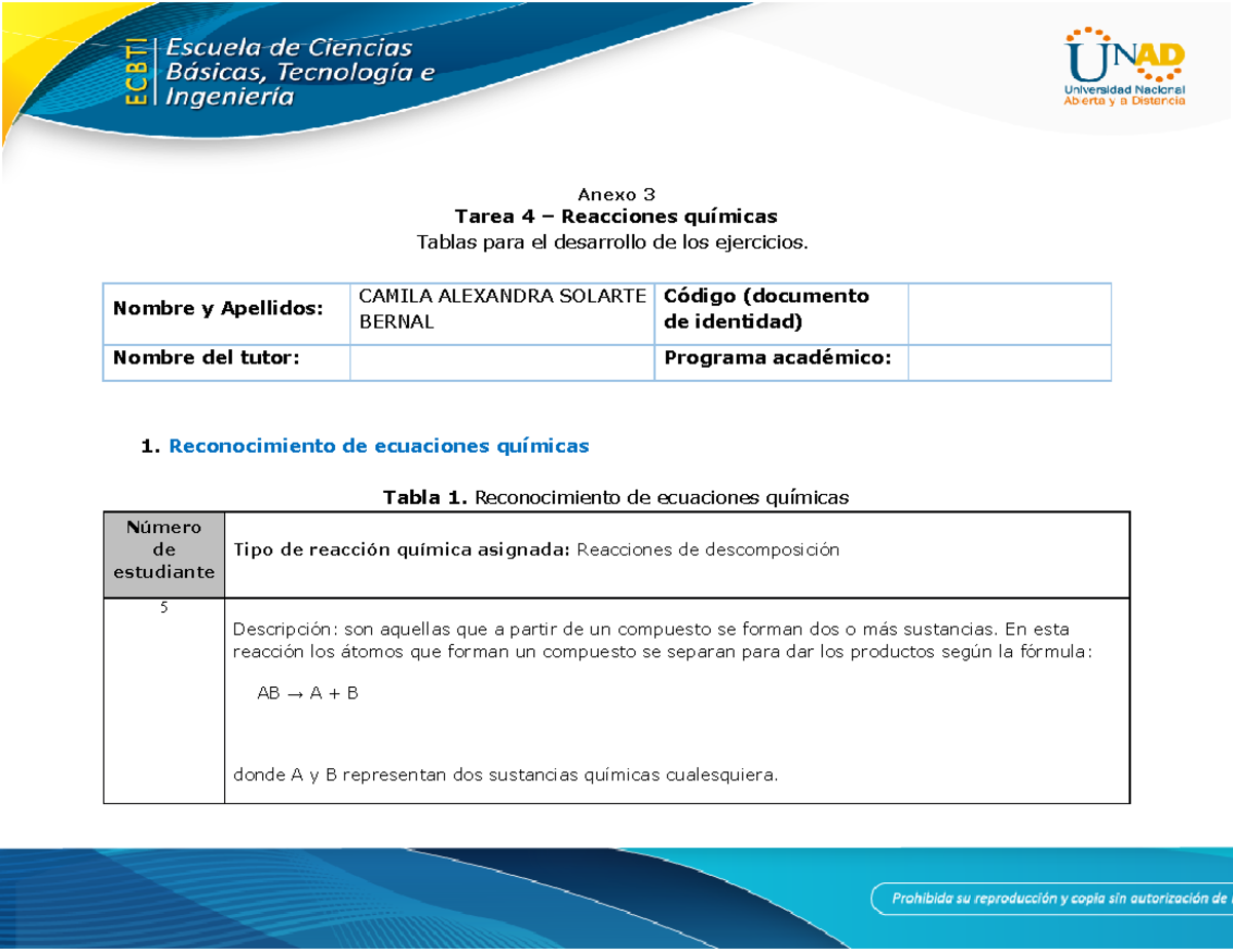 Anexo 3 - trabajo - Anexo 3 Tarea 4 – Reacciones químicas Tablas para el desarrollo de los - Studocu