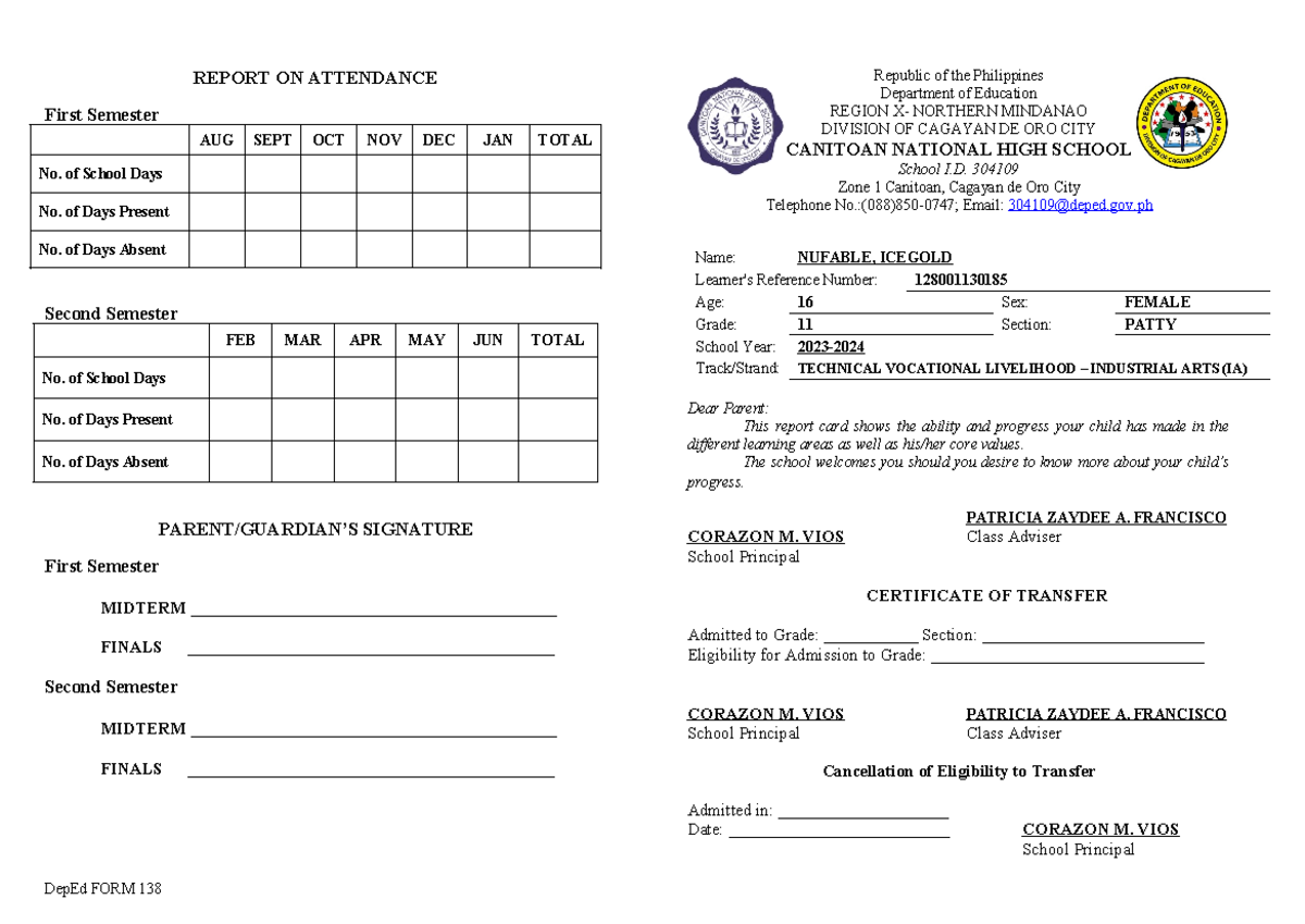 SHS SF9 Report Card 11 IA - REPORT ON ATTENDANCE First Semester AUG ...