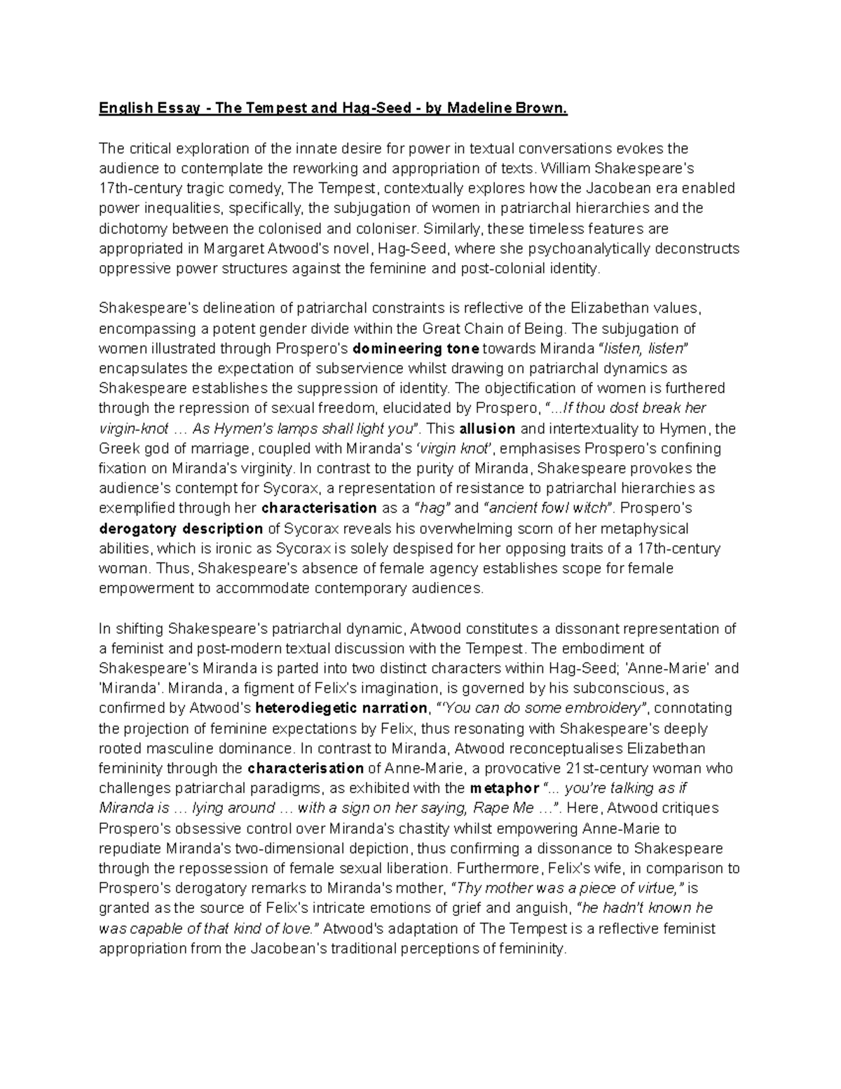 English essay Tempest Hag-Seed - English Essay - The Tempest and Hag ...