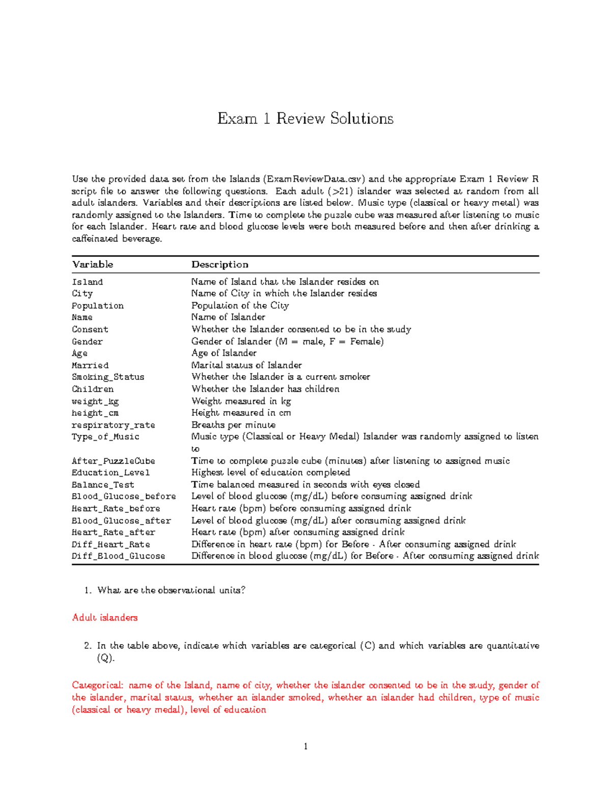 Exam 1 review - Exam 1 Review Solutions Use the provided data set from ...