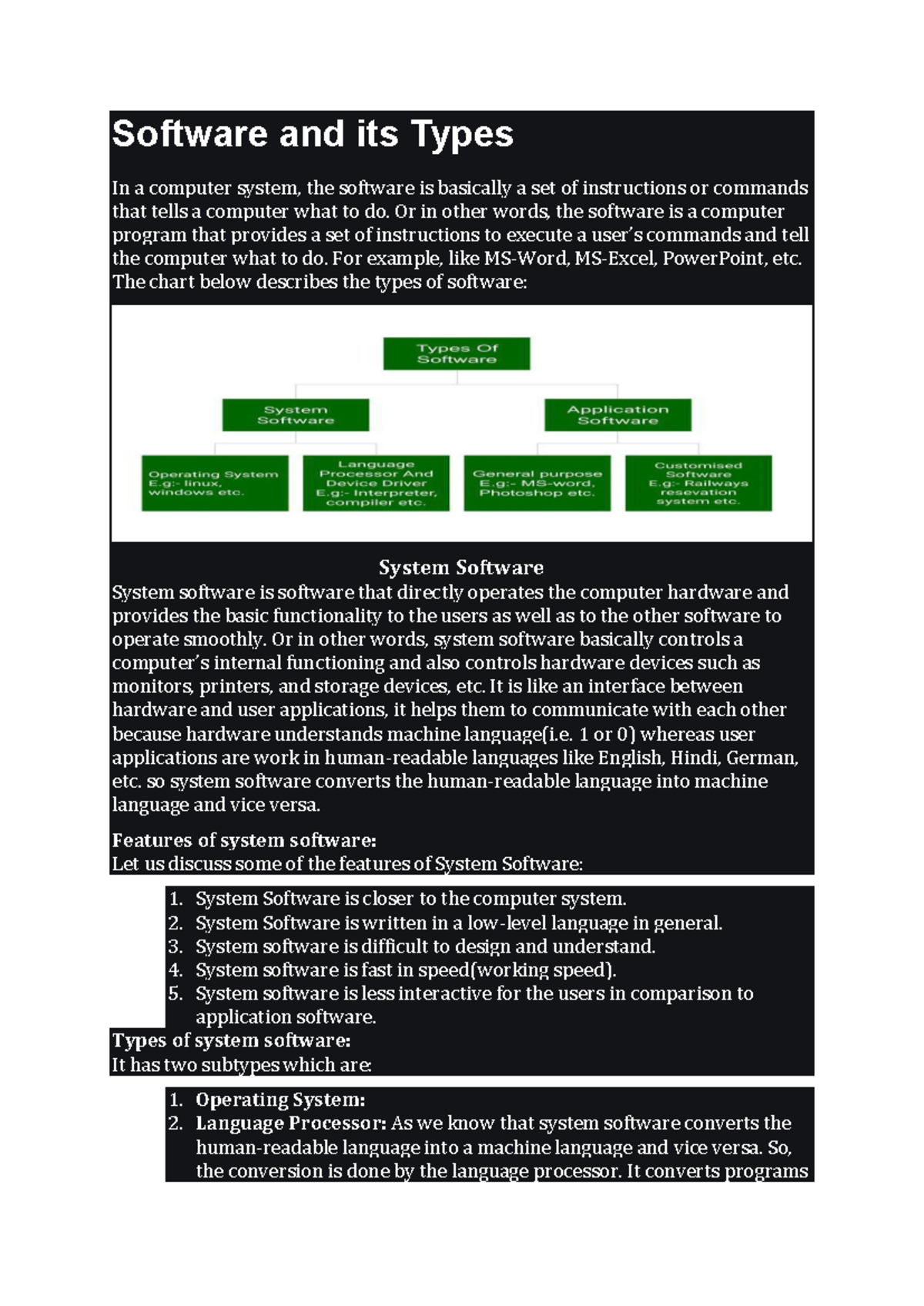 U1 - NOTES - Software and its Types In a computer system, the software ...