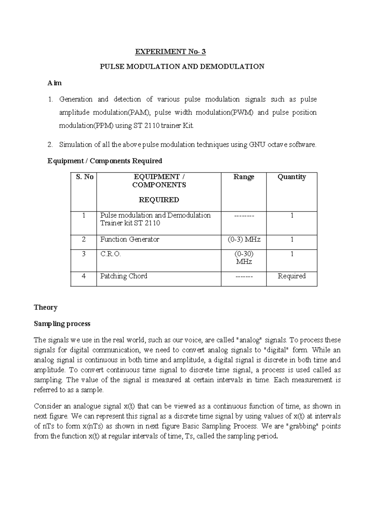 EC2094 EX3 Comm Engg Lab - EXPERIMENT No- 3 PULSE MODULATION AND ...