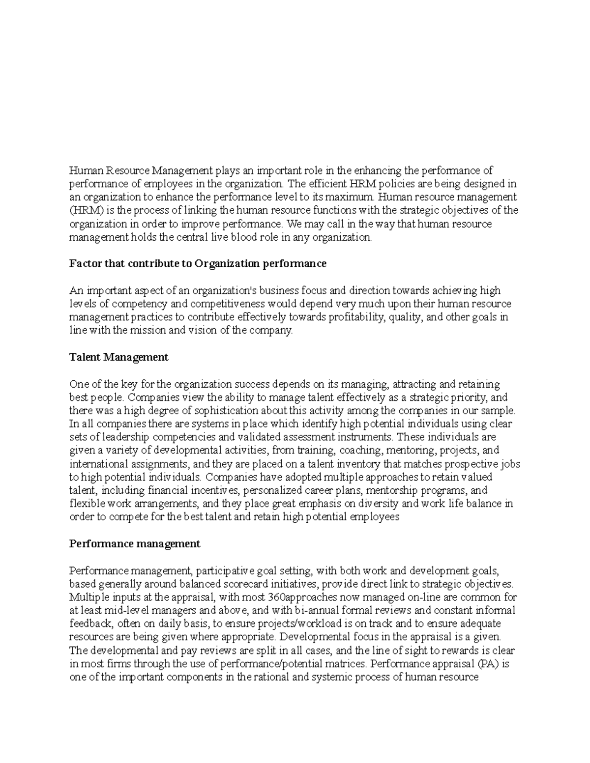 HRM Assignment - Human Resource Management plays an important role in ...