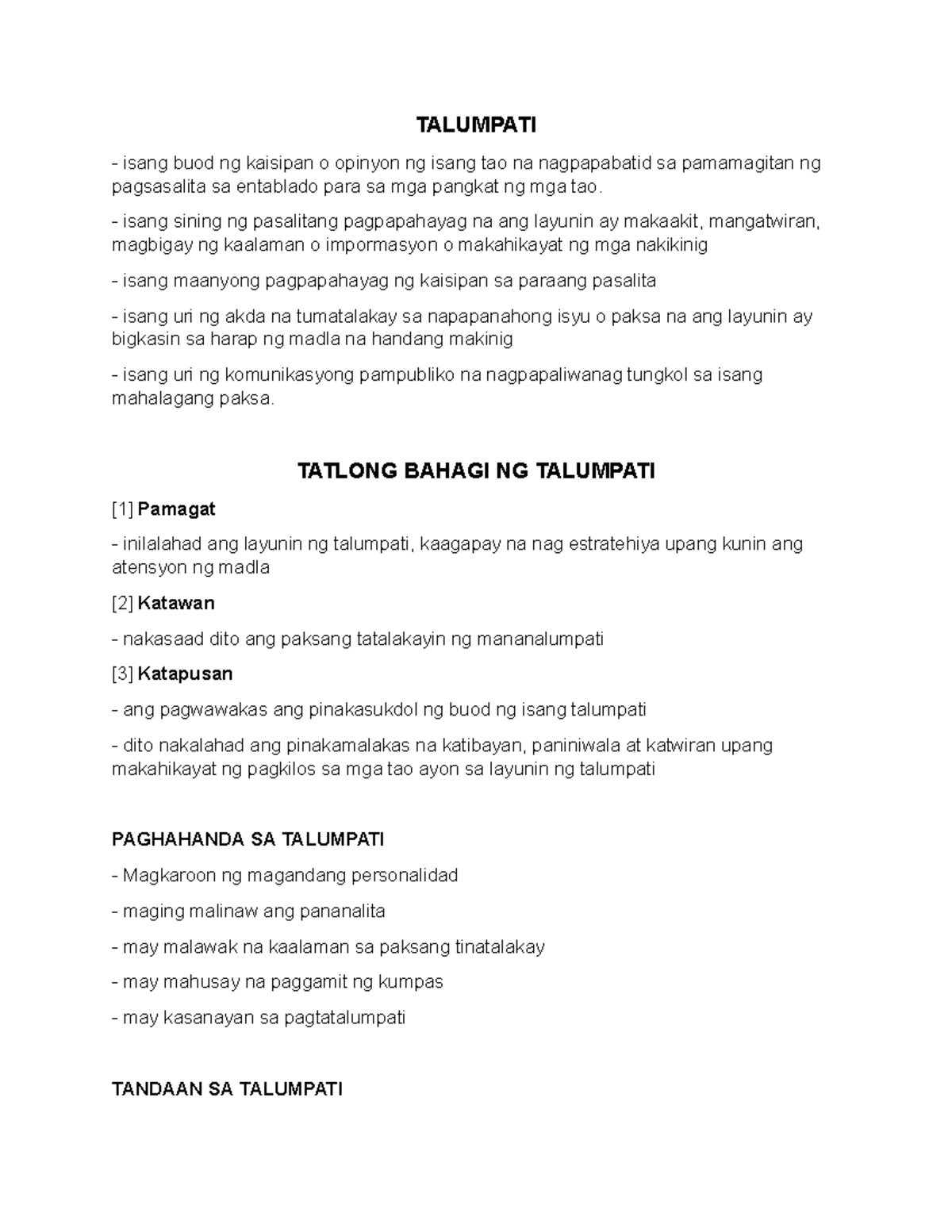TALUMPATI AT PANAYAM - TALUMPATI isang buod ng kaisipan o opinyon ng ...