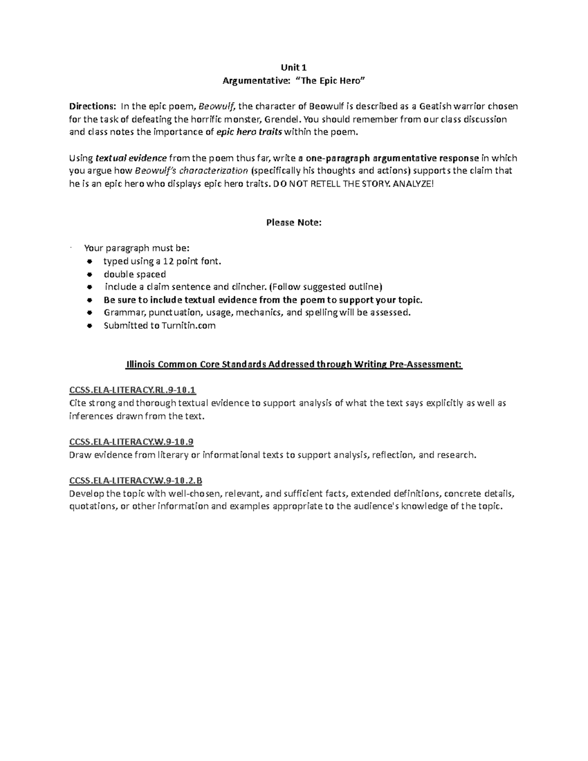 Argumentative Beowulf Writing Pre-Assess - Unit 1 Argumentative: “The ...