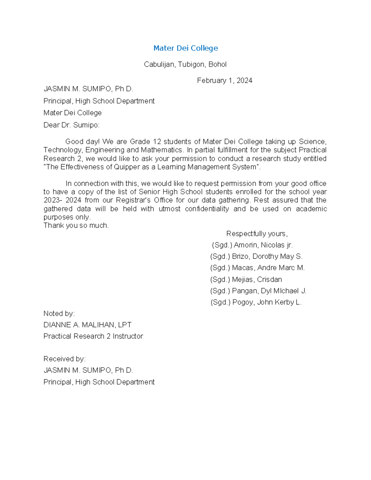 Approval Letter - Mater Dei College Cabulijan, Tubigon, Bohol February ...