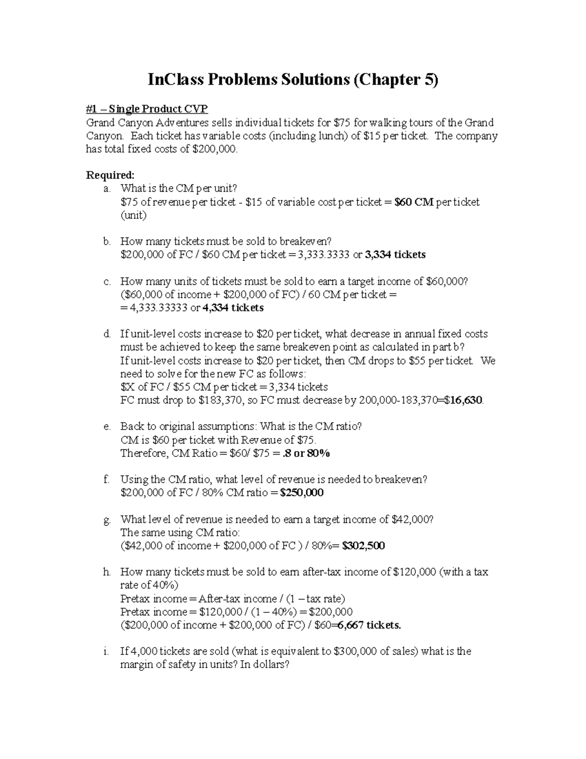 Chapter 5 In Class Solutions - InClass Problems Solutions (Chapter 5) #1 – Single Product CVP ...