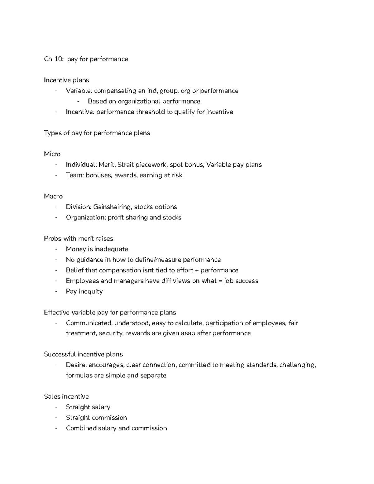 Ch10-11 notes - ADM 2337 - Ch 10: pay for performance Incentive plans ...
