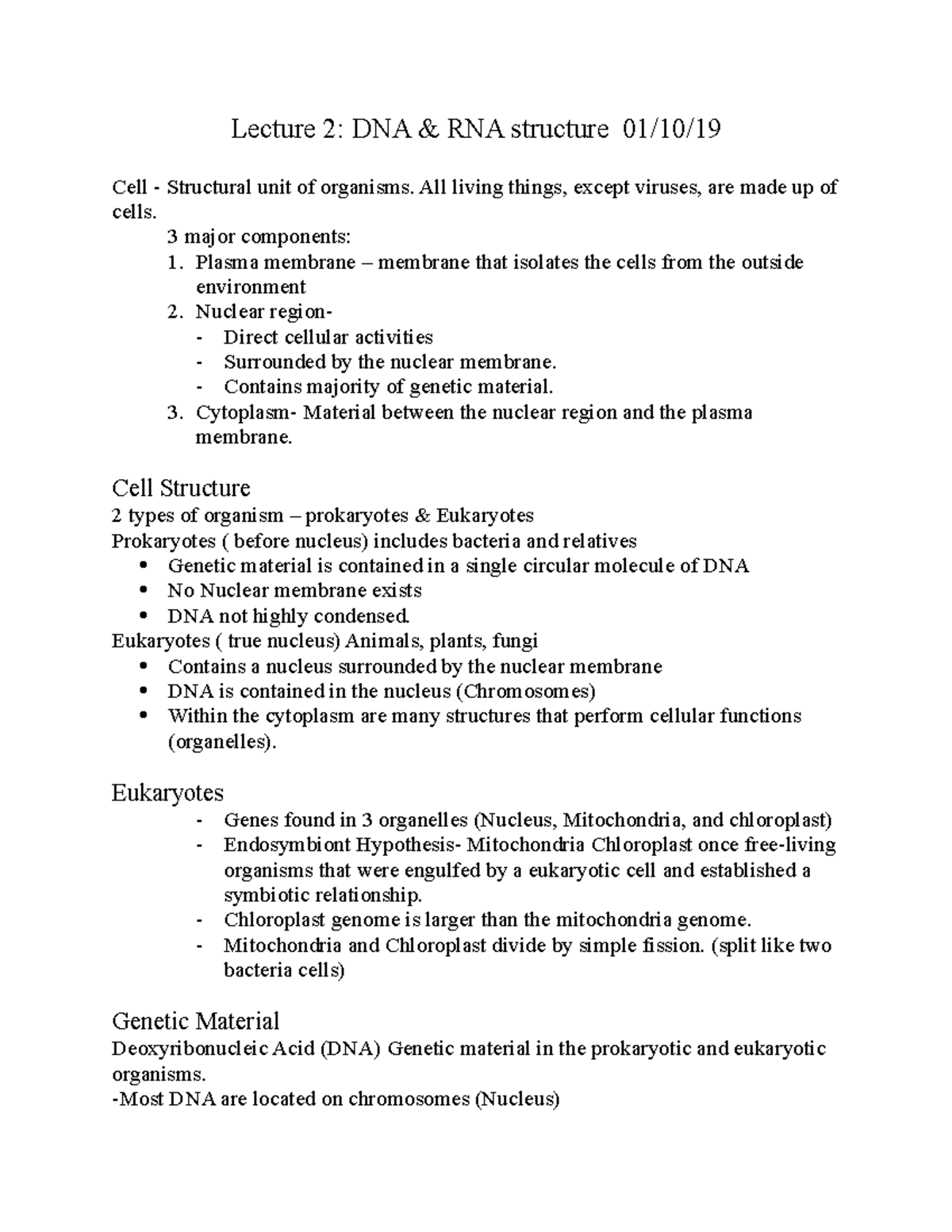 Lecture 2- DNA:RNA Structures - Lecture 2: DNA & RNA structure 01/10/19 ...