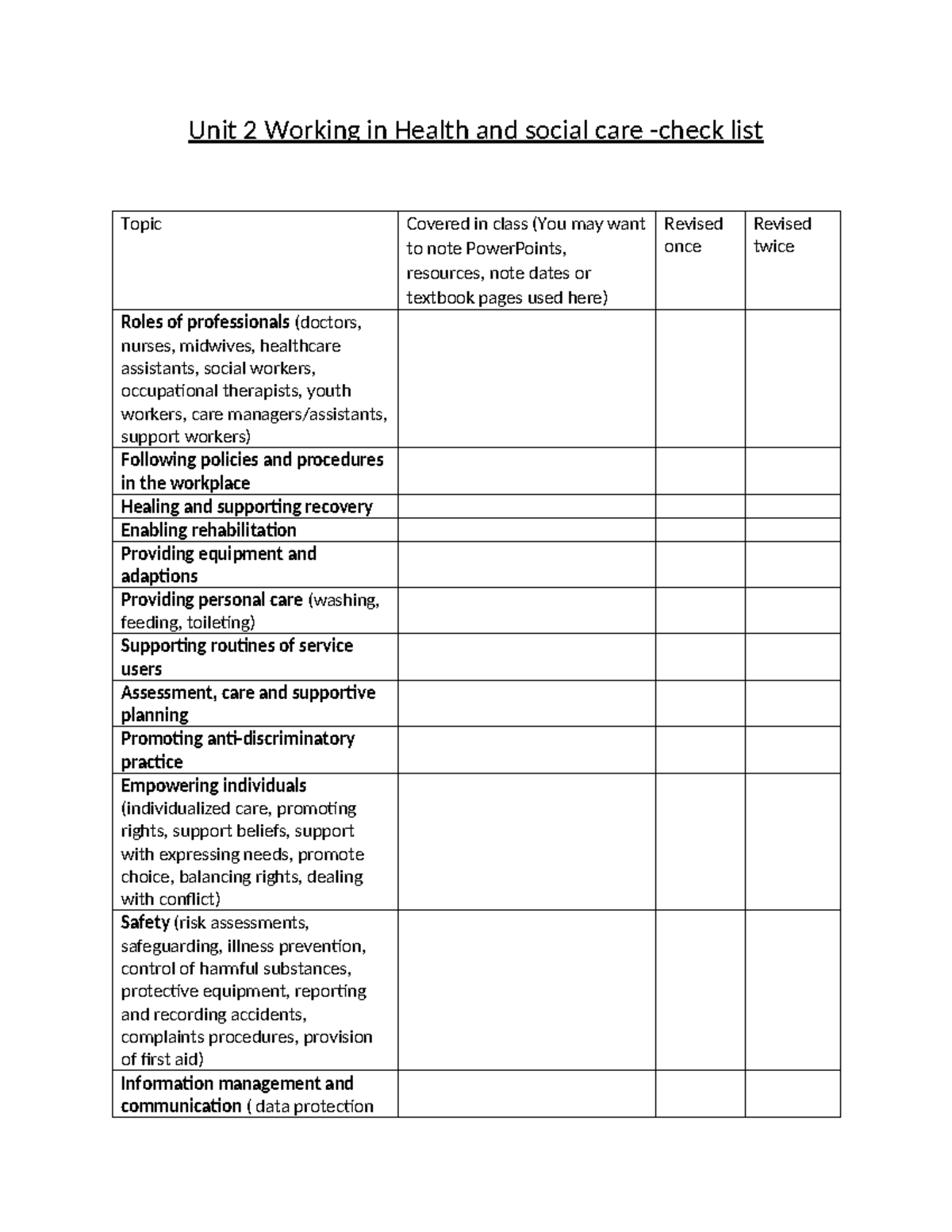 Unit 2 revision checklist - Unit 2 Working in Health and social care ...