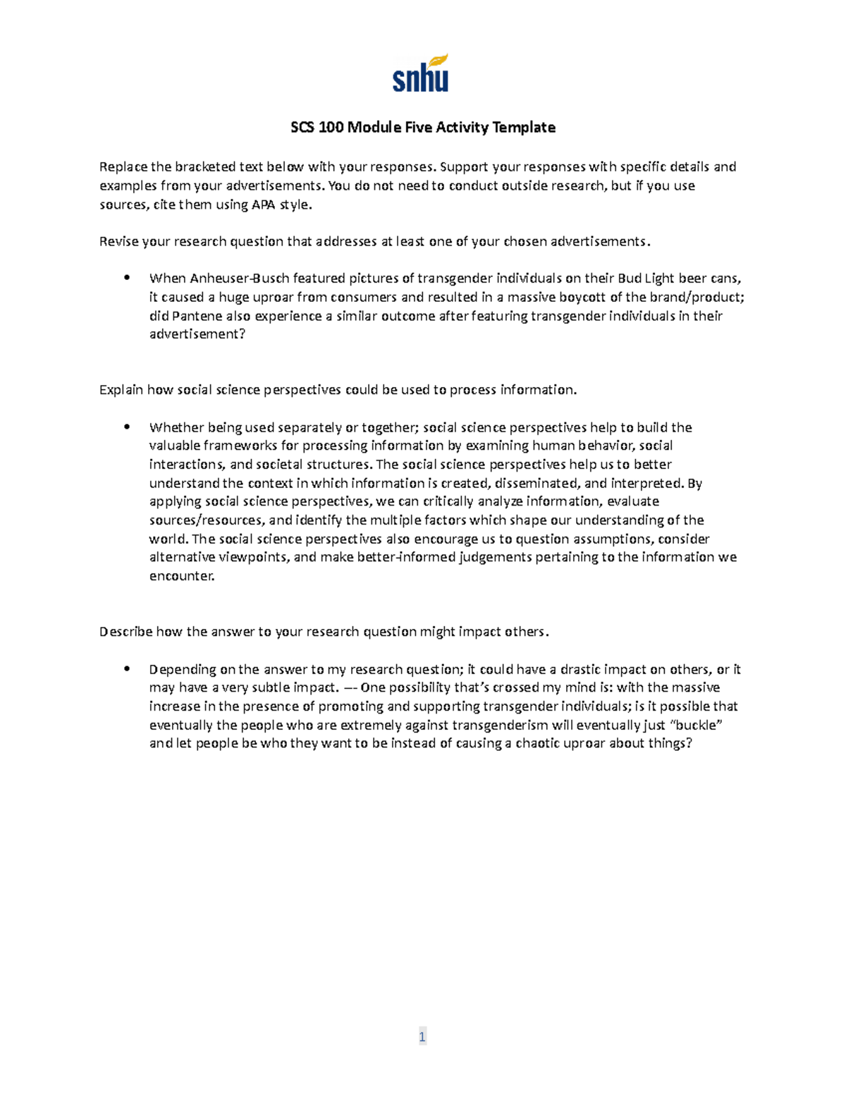 SCS100 5-2 assignment - SCS 100 Module Five Activity Template Replace the bracketed text below ...