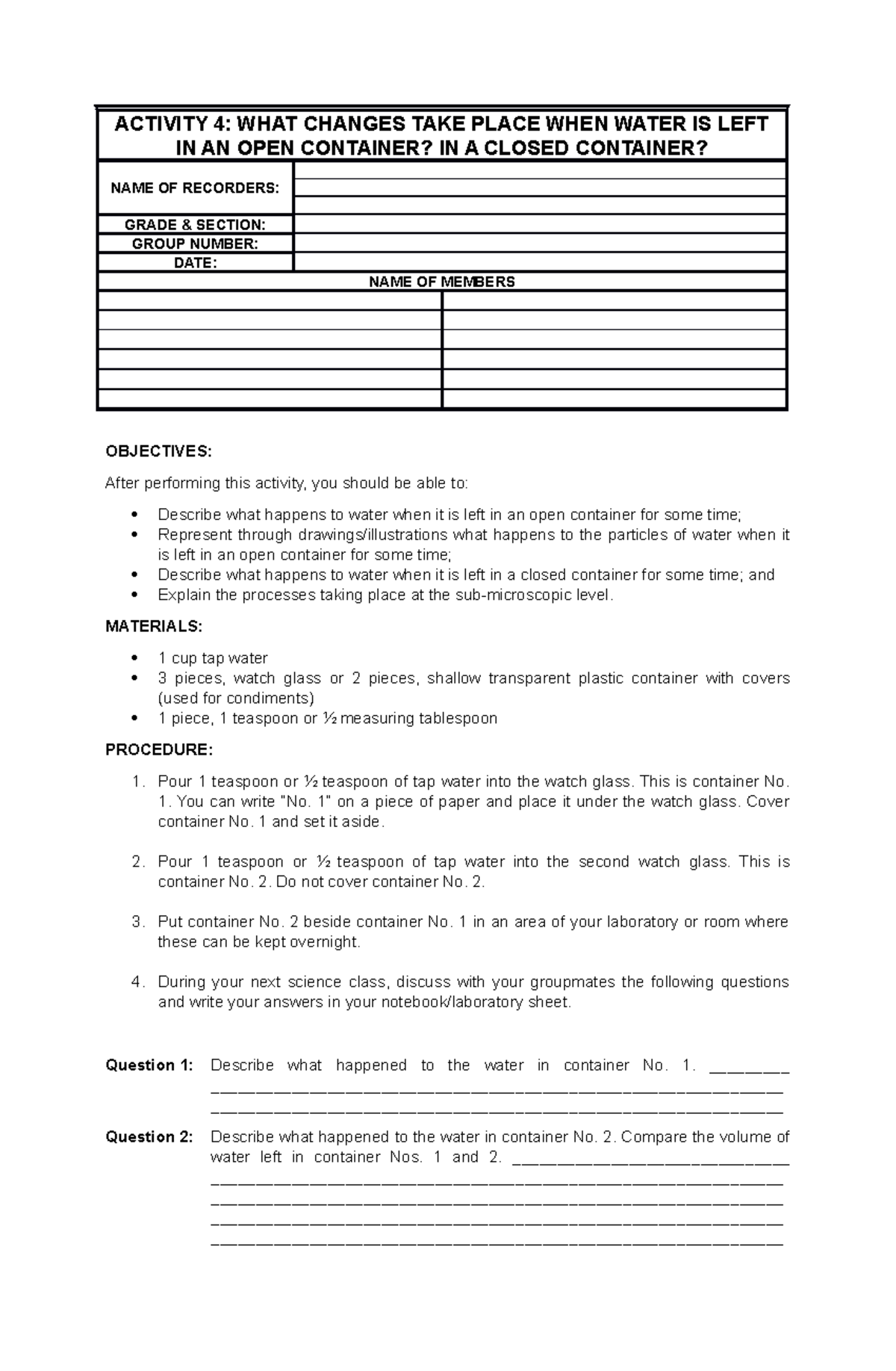 Activity 4 Lab Experiment - ACTIVITY 4: WHAT CHANGES TAKE PLACE WHEN ...