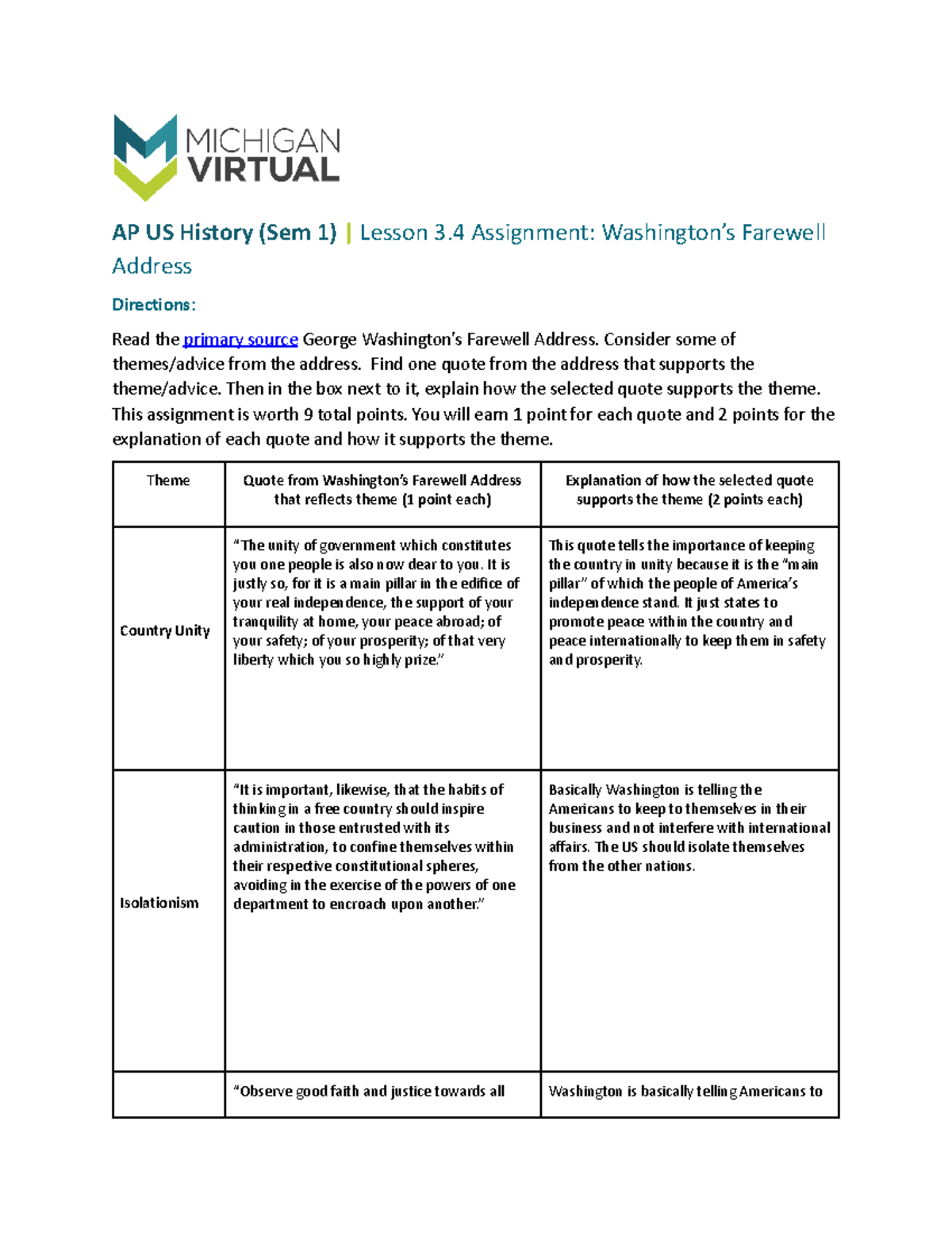 3.4 Assignment Washingtons Farewell Address - AP US History (Sem 1 ...