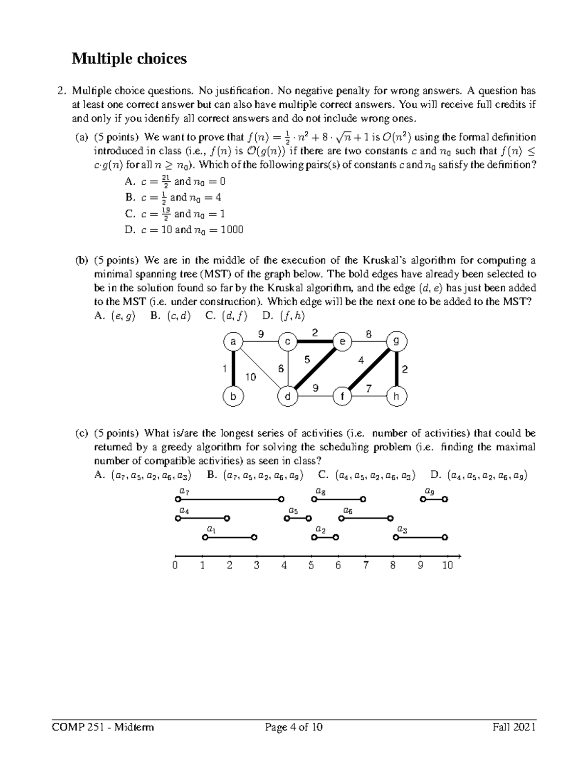 COMP251 Midterm Fall 2022 - Multiple choices Multiple choice questions. No justification. No ...