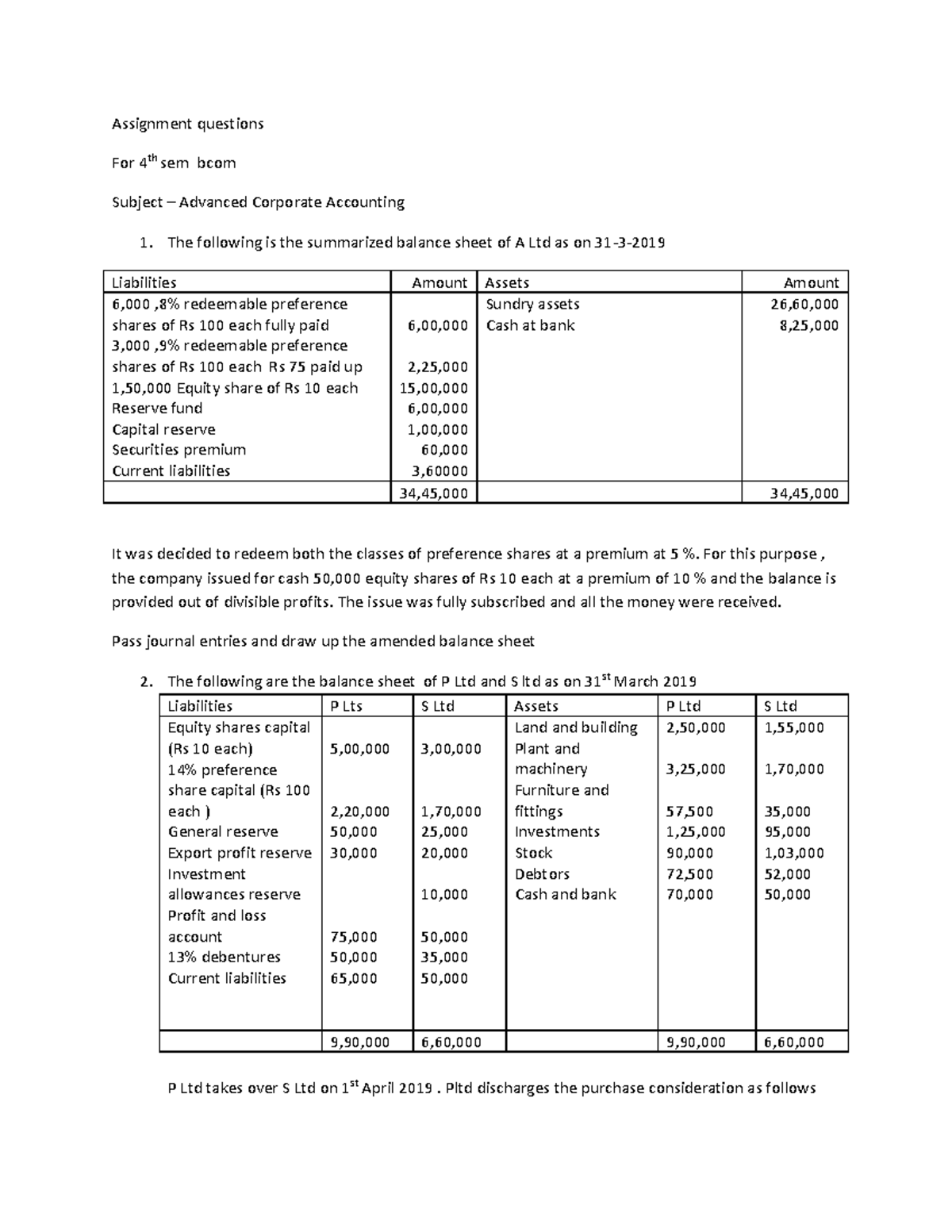 Advanced-Corporate-Accounting-Assignment-IV-Sem - Assignment questions For 4th sem bcom Subject ...
