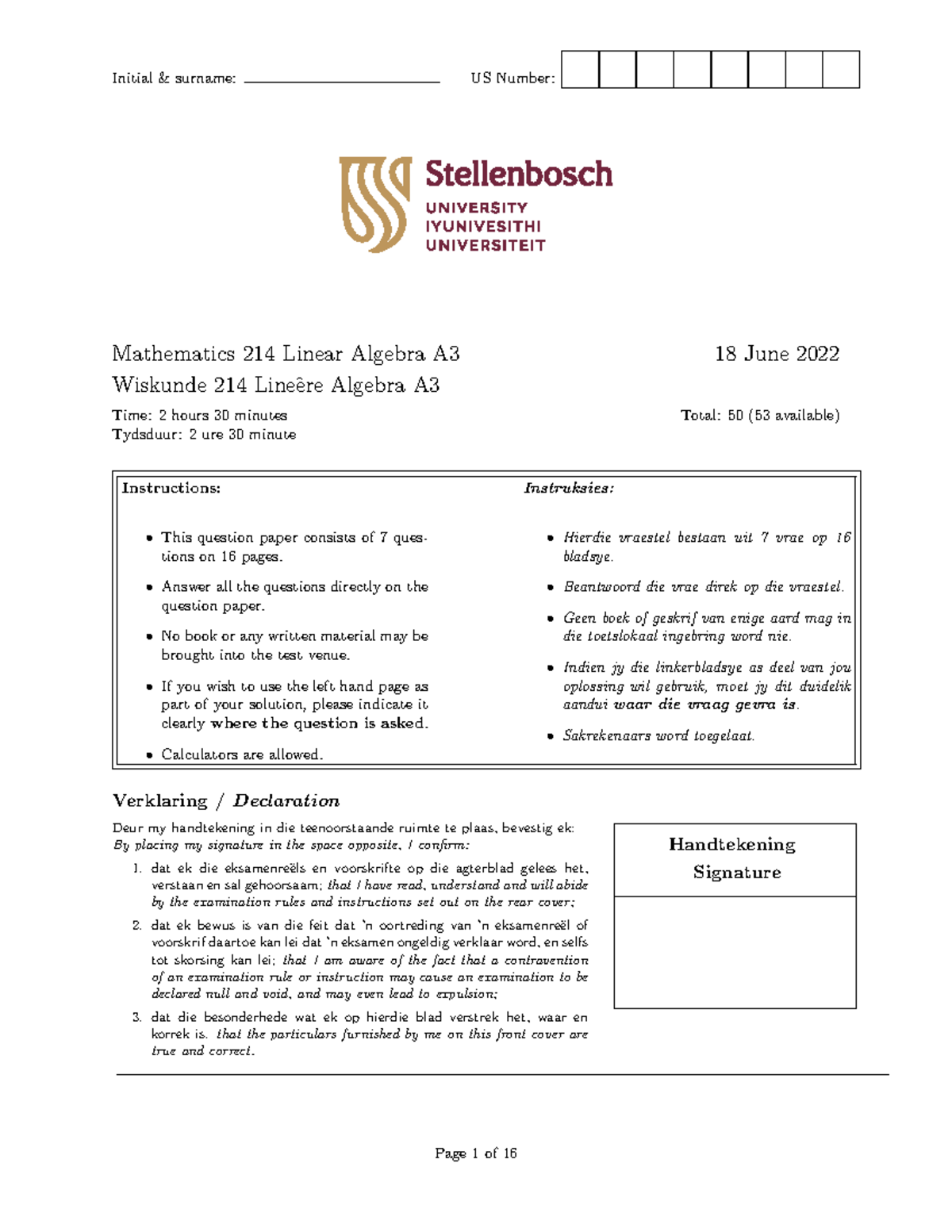 2022 214 A3 MEMO - A3 MEMO - Initial & surname: US Number: Mathematics ...