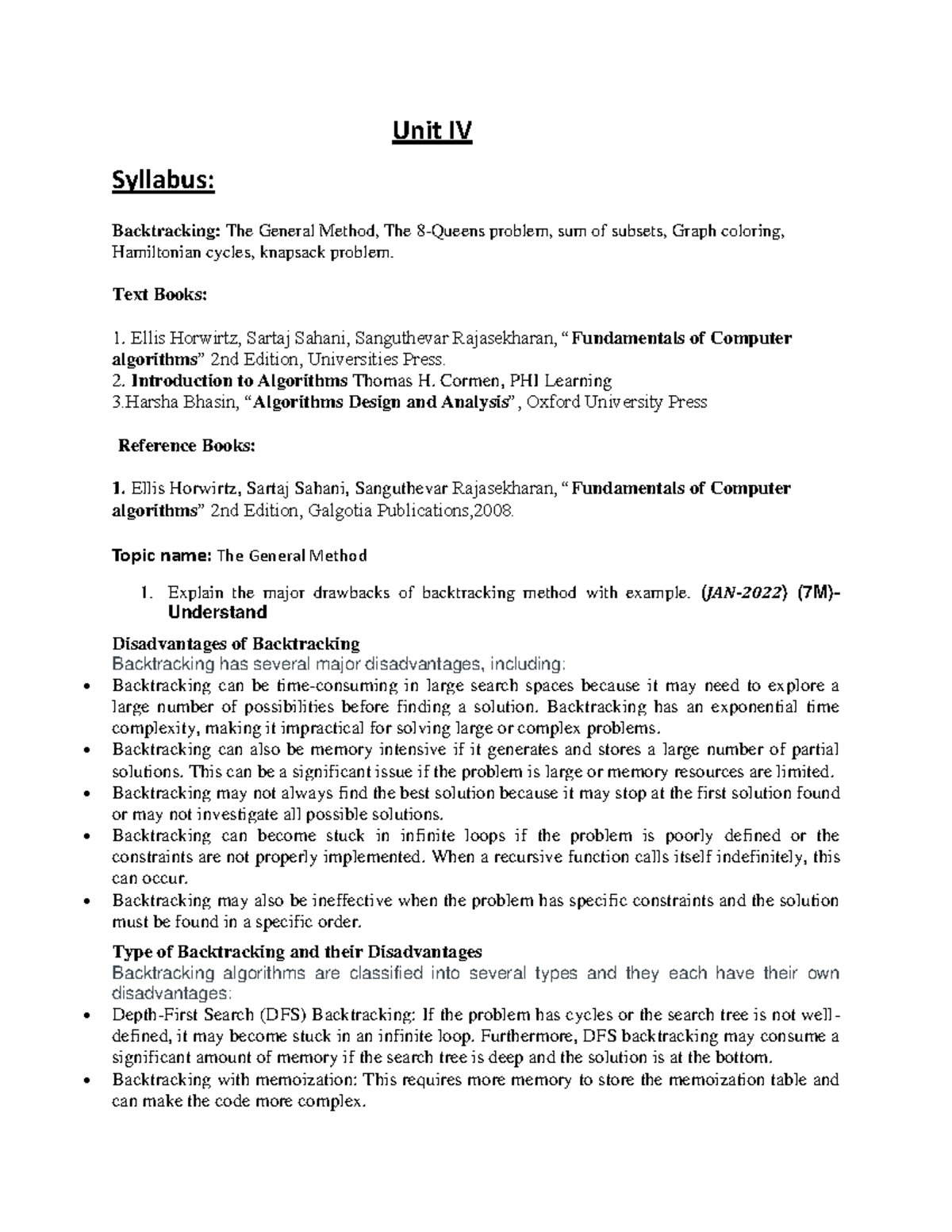 UNIT-IV - Qustion bank with answers - Unit IV Syllabus: Backtracking ...
