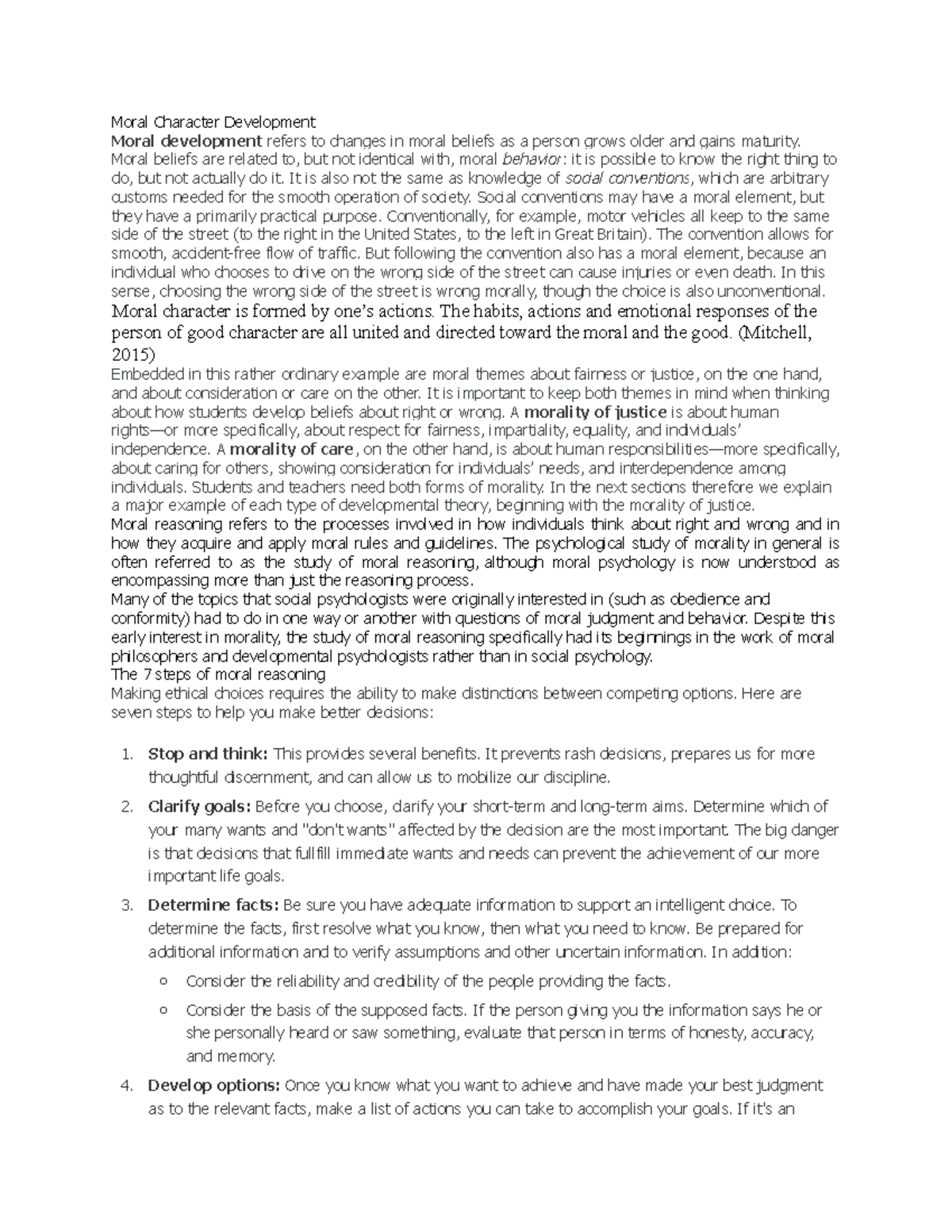 Midterm Ethics - to be review - Moral Character Development Moral ...