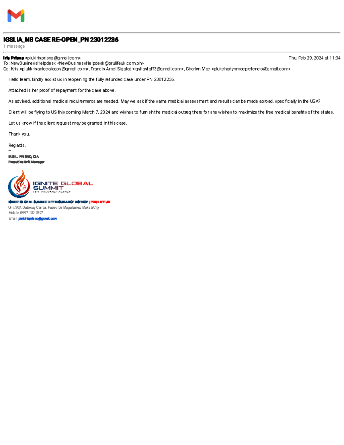 Proof of Email - IGSLIA_NB CASE RE-OPEN_PN 23012236 1 message Iris ...