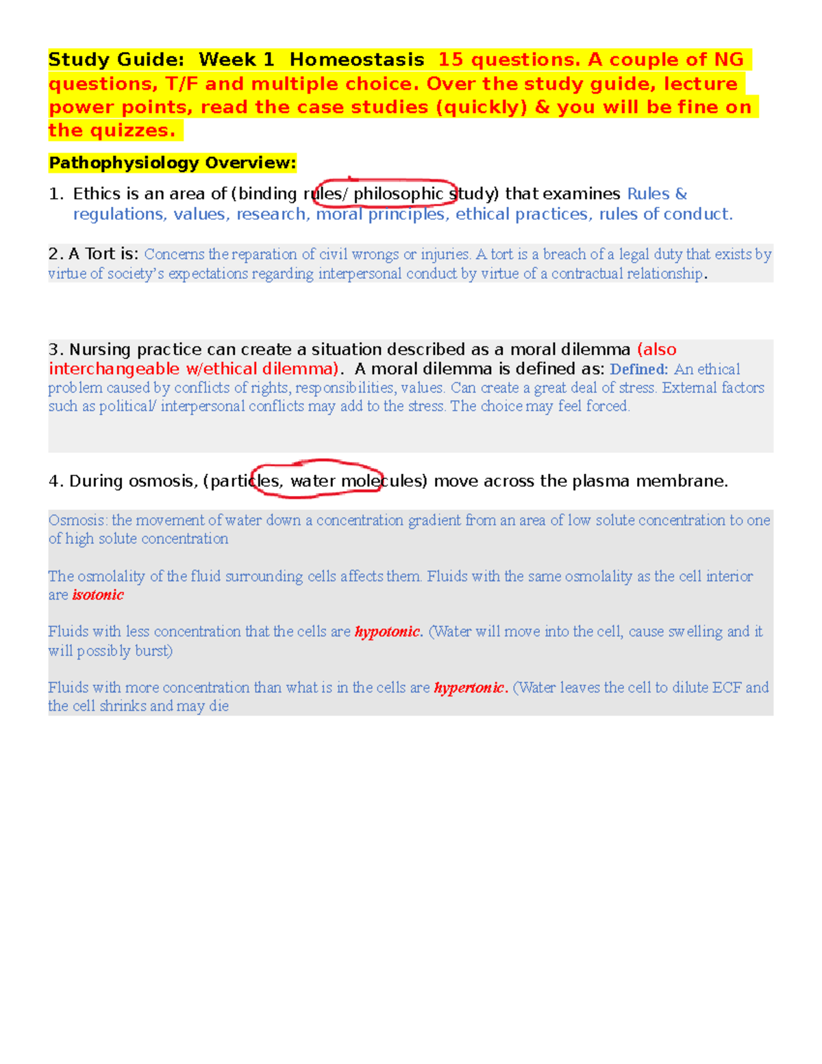 MS I Study Guide Week 1 Ethical Homeostasis-2 - Study Guide: Week 1 ...