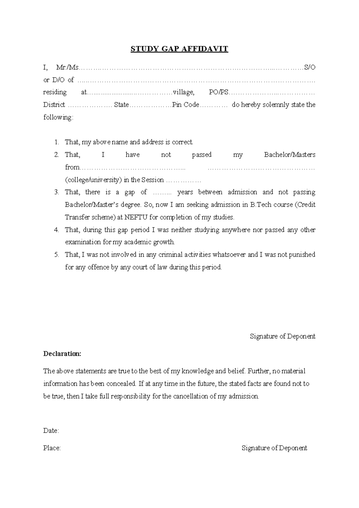 GAP Declaration (1) - GAP Decleration - STUDY GAP AFFIDAVIT I, - Studocu