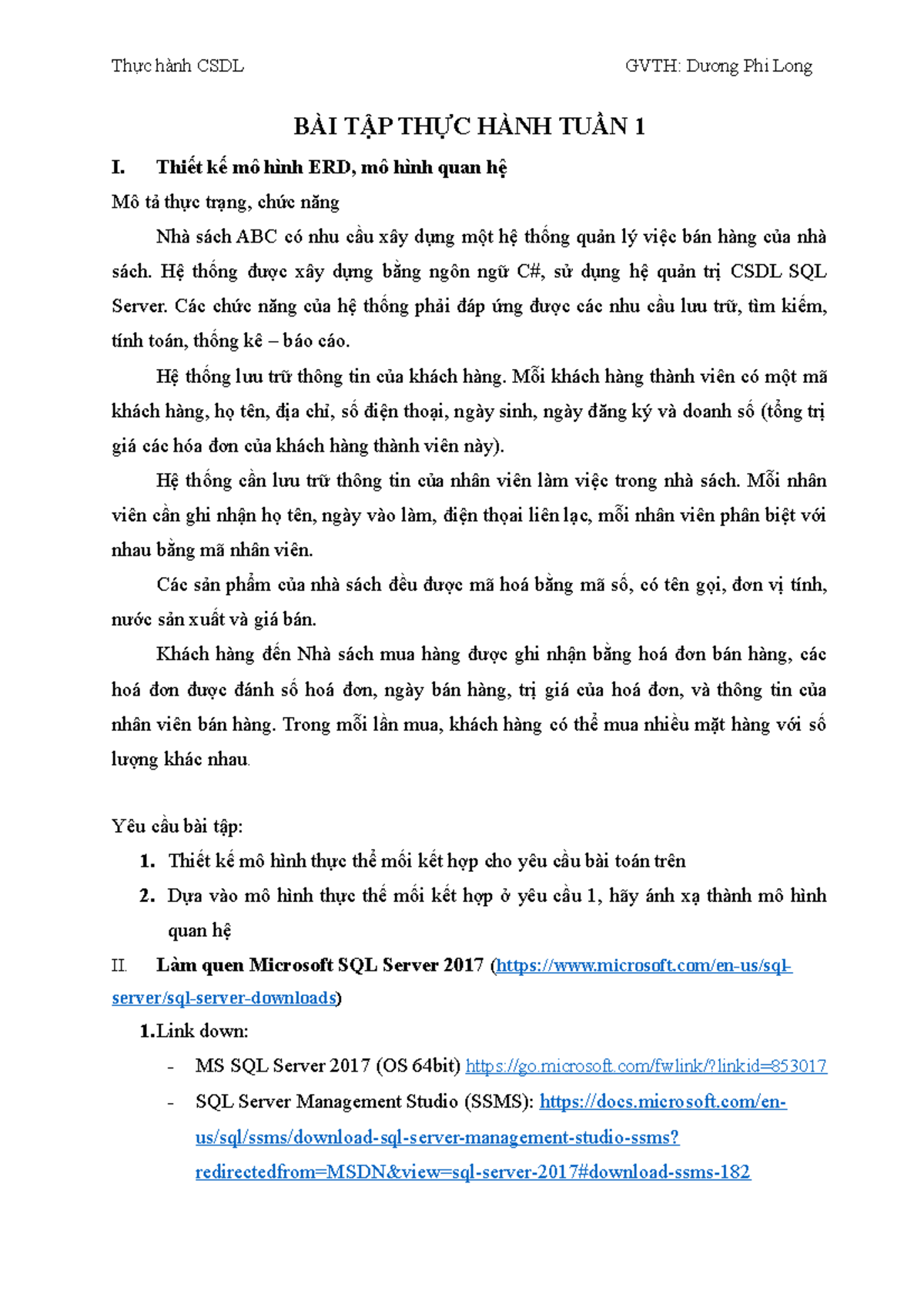 FILE CSDL BT Tuần 1 - ádaaaaaaaa - Thực hành CSDL GVTH: Dương Phi Long BÀI TẬP THỰC HÀNH TUẦN 1 ...