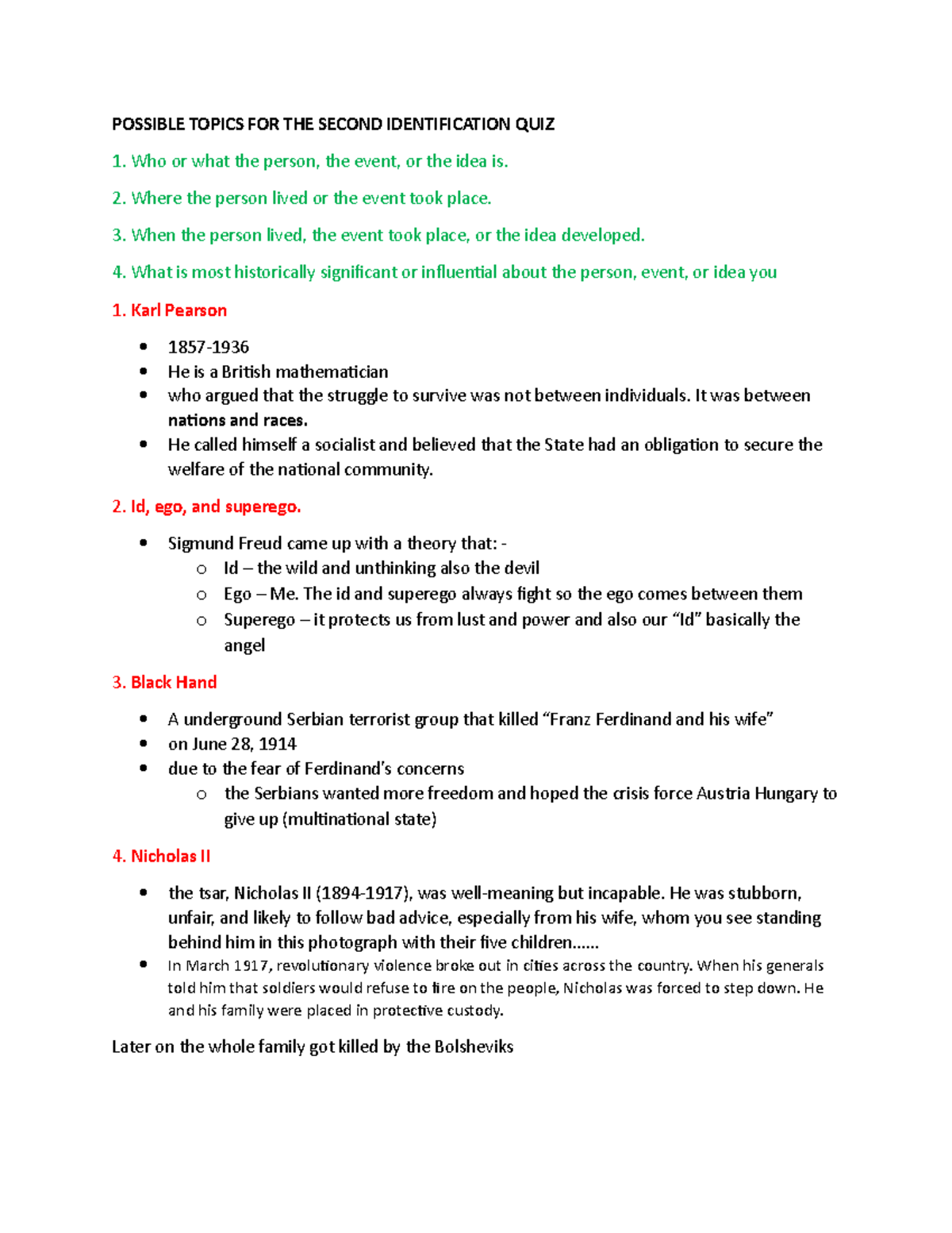 Possible Topics FOR THE Second Identification QUIZ - POSSIBLE TOPICS ...