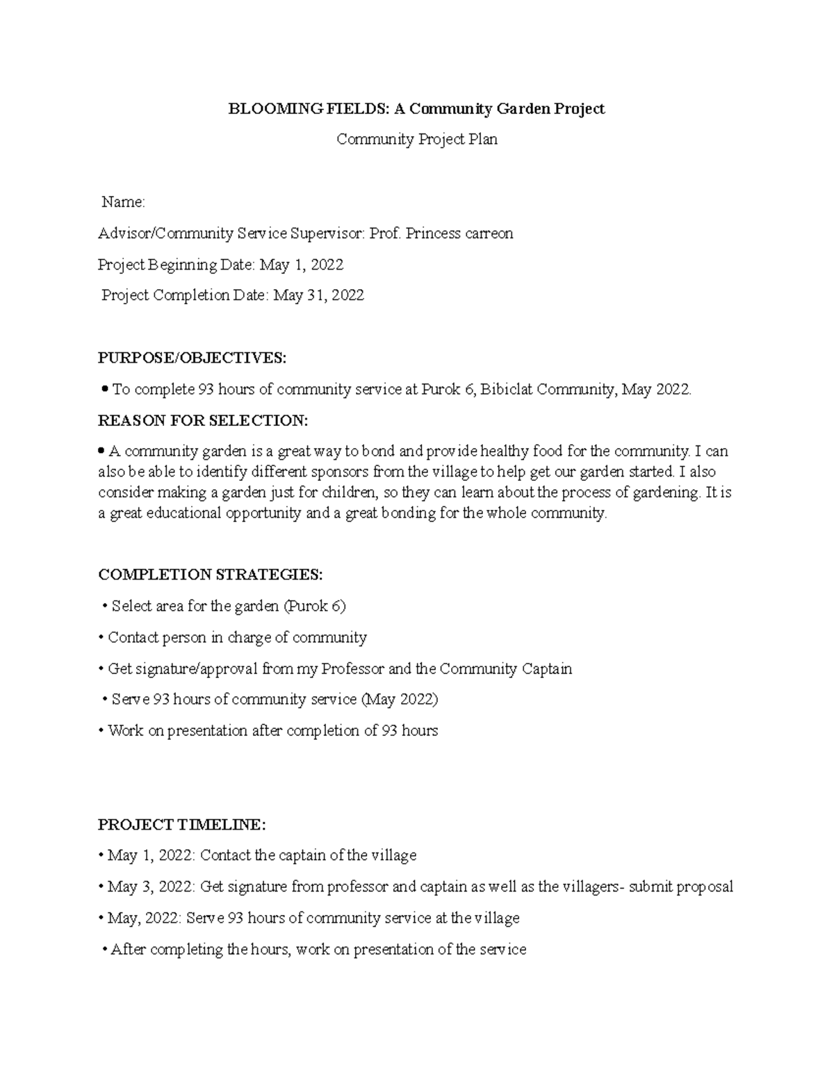 Blooming Fields Angel Community Service PLAN - BLOOMING FIELDS: A ...