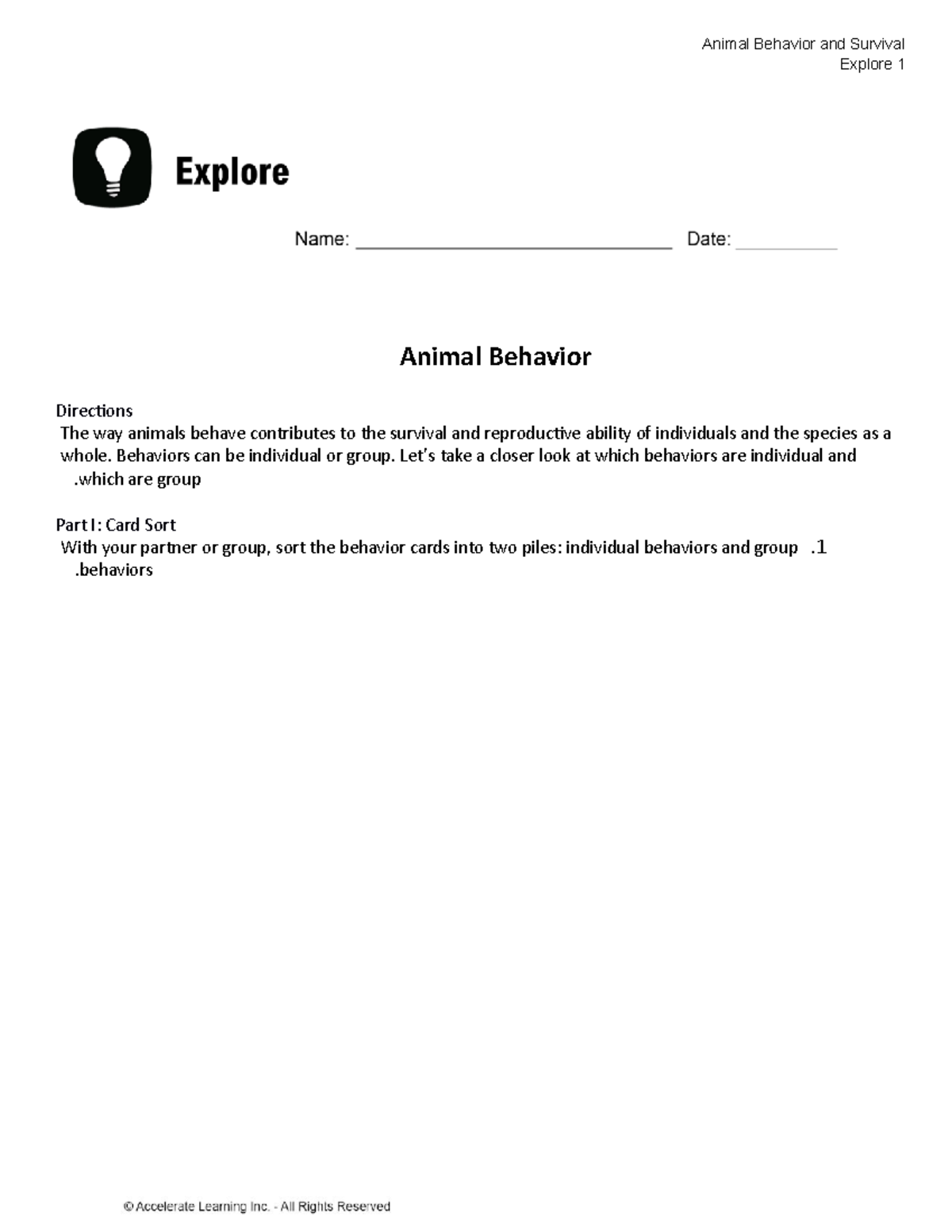 Animal Behavior And Survival Explore 1Activity Animal Behavior Student ...