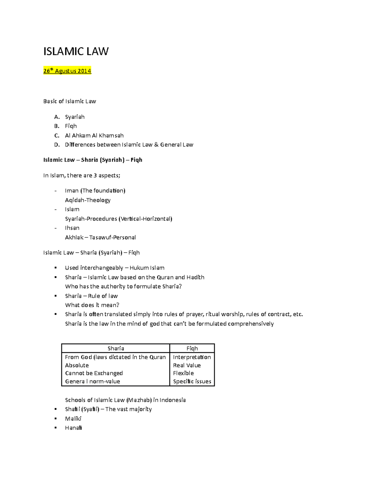 Islamic Law Note - Lecture notes 1-6 - ISLAMIC LAW 26 th Agustus 2014 ...