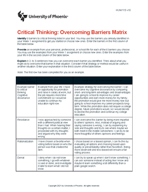 critical thinking identifying barriers worksheet - HUM/115 v Critical ...