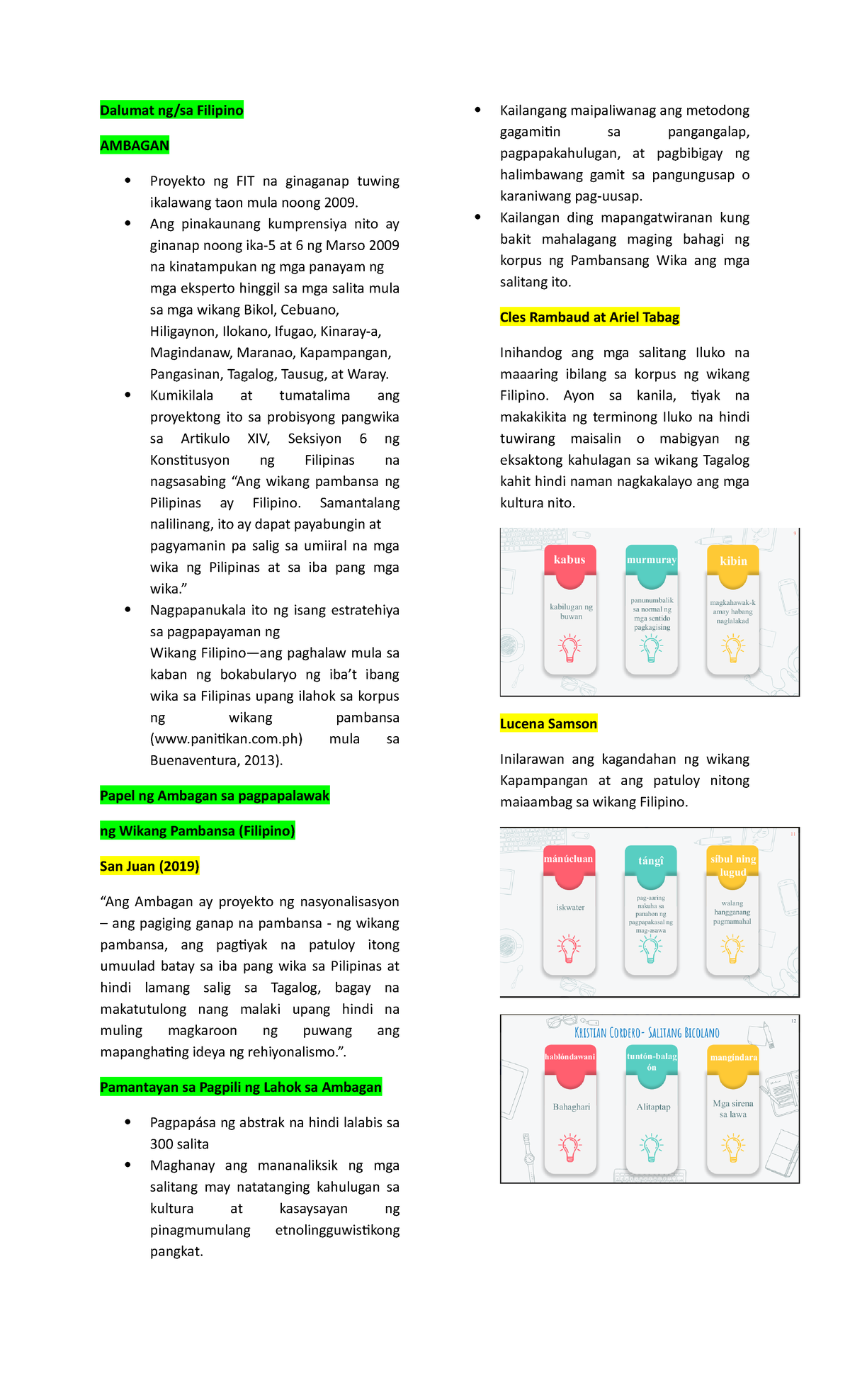 Ambagan Reviewer - learnings - Dalumat ng/sa Filipino AMBAGAN Proyekto ...
