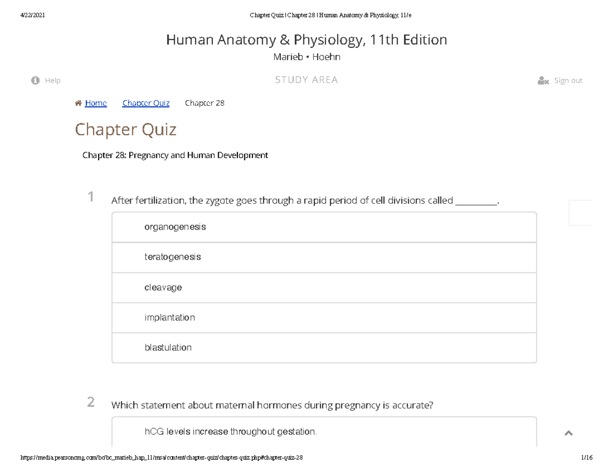 Chapter Quiz Chapter 28 Human Anatomy & Physiology, 11 e - 1 2 Home ...