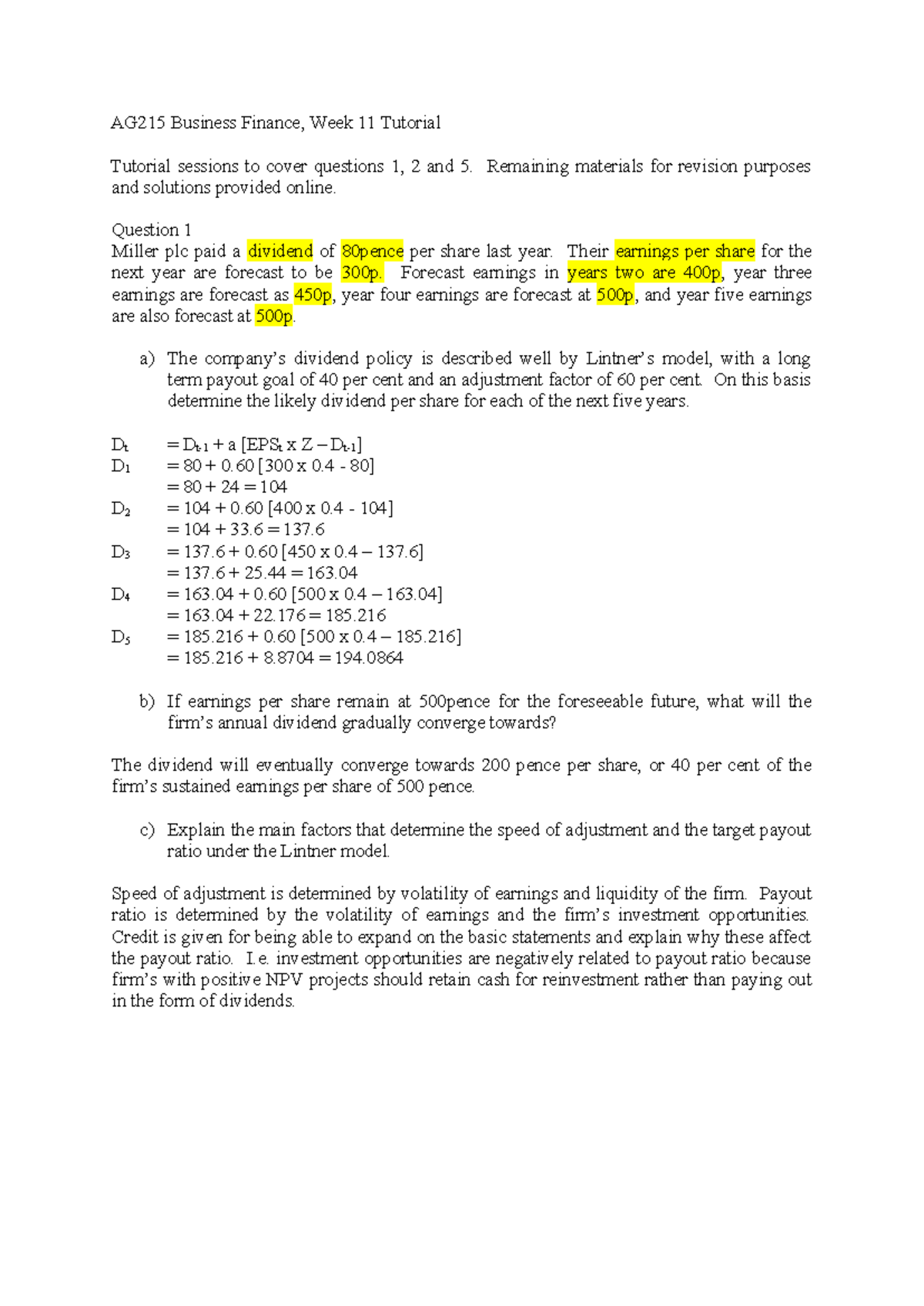 Week11Tutorial Solutions - AG215 Business Finance, Week 11 Tutorial ...