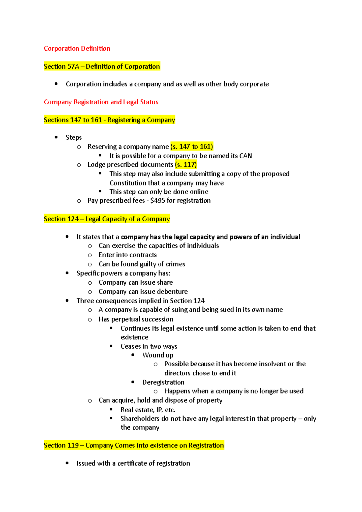 Quiz Revision Sheet (Weeks 1-5) - Corporation Definition Section 57A ...