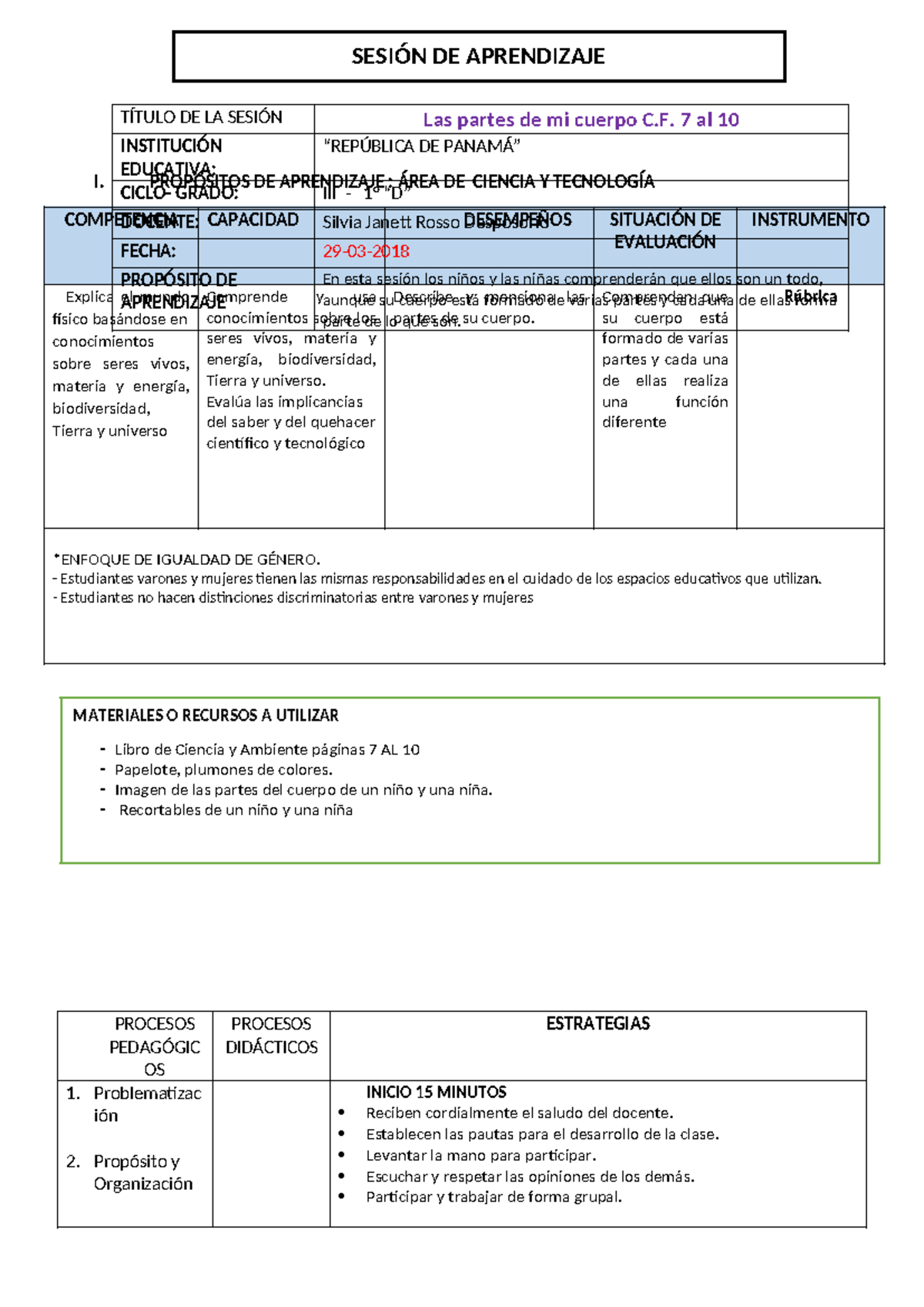 Las partes de mi cuerpo C.F. 7 al 10 -29 de Marzo - I. PROPÓSITOS DE ...