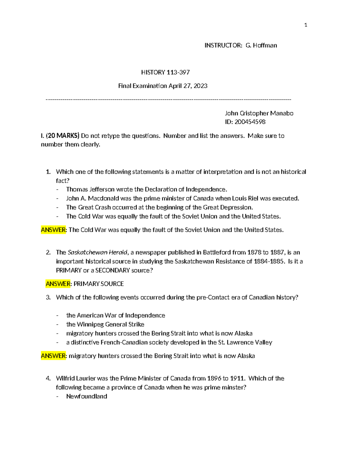 HIST 113 Final EXAM - INSTRUCTOR: G. Hoffman HISTORY 113- Final ...