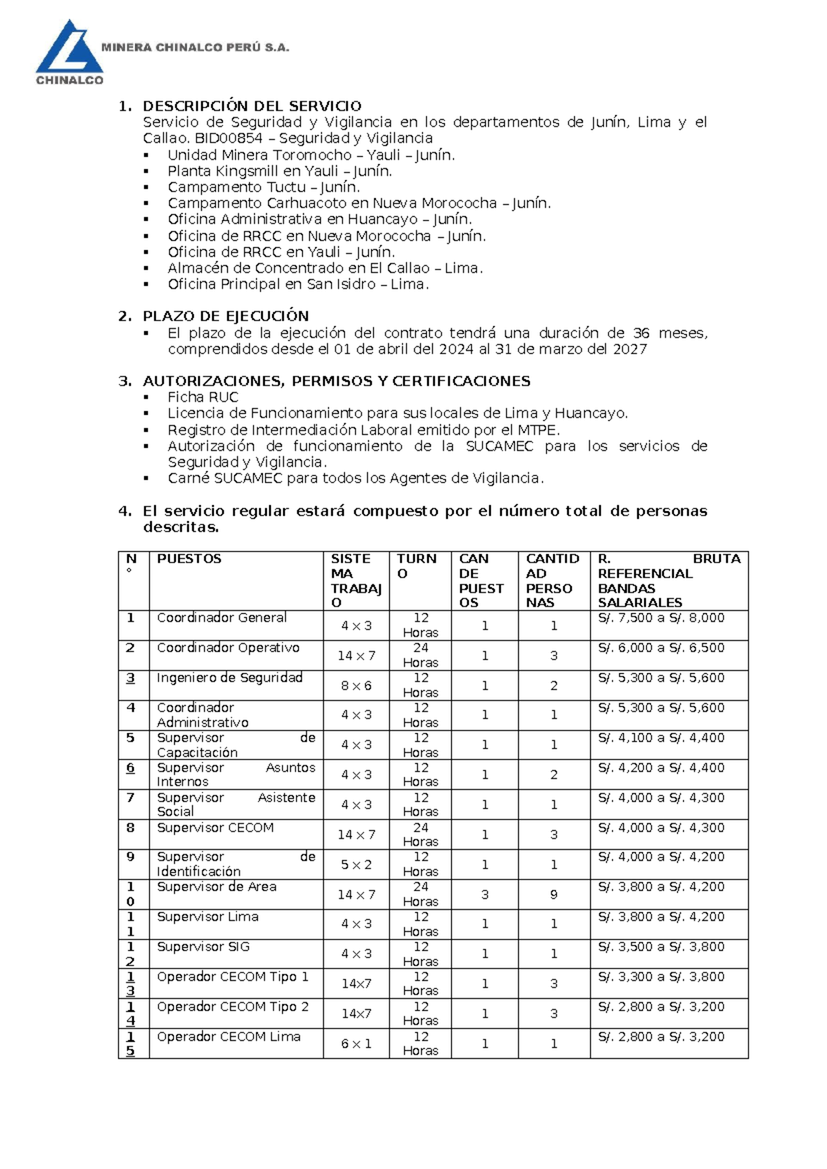 Resumen de Mina Chinalco 2023 - 1. DESCRIPCIÓN DEL SERVICIO Servicio de ...